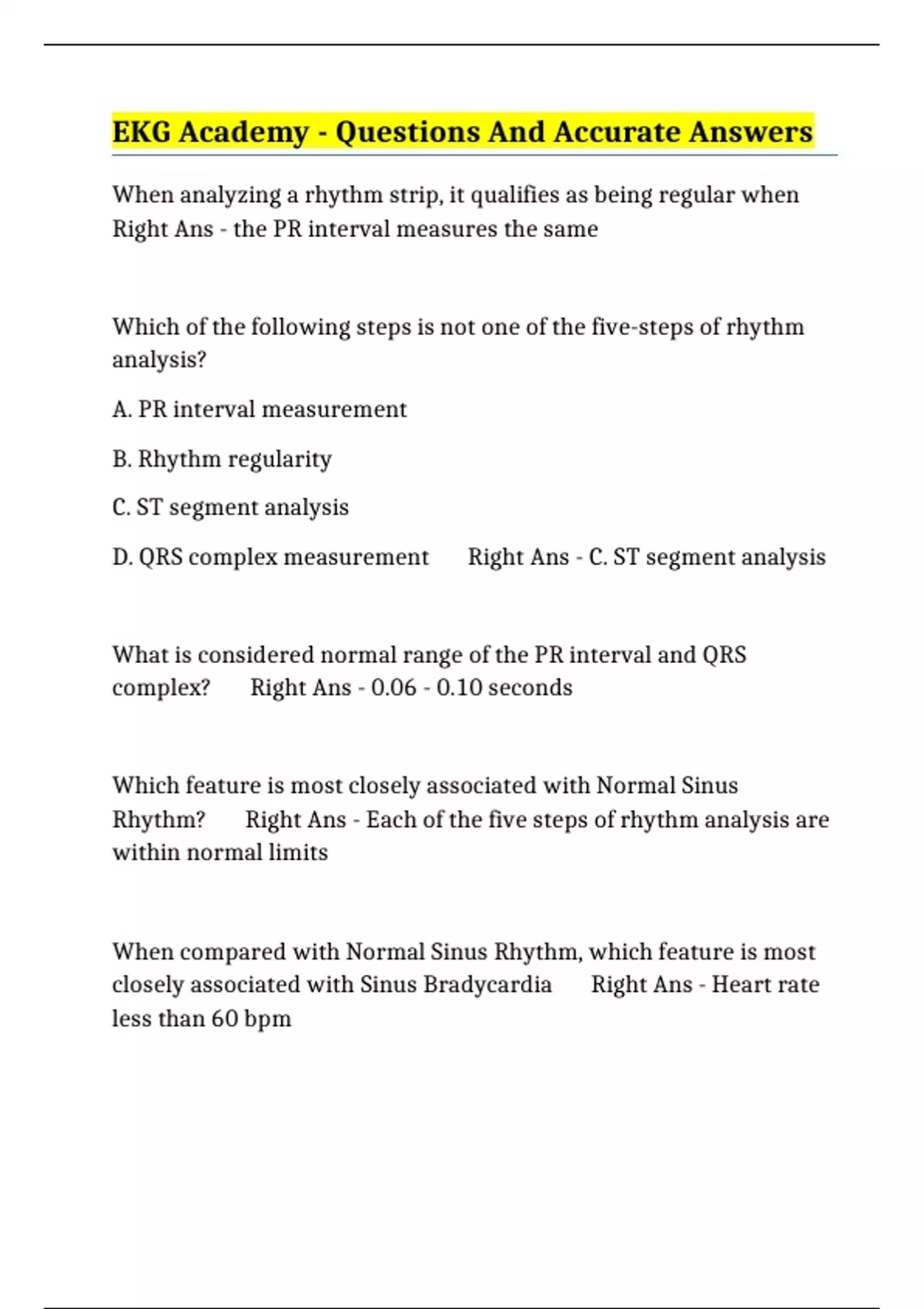 EKG Academy - Questions And Accurate Answers - NYU Langone - Stuvia US