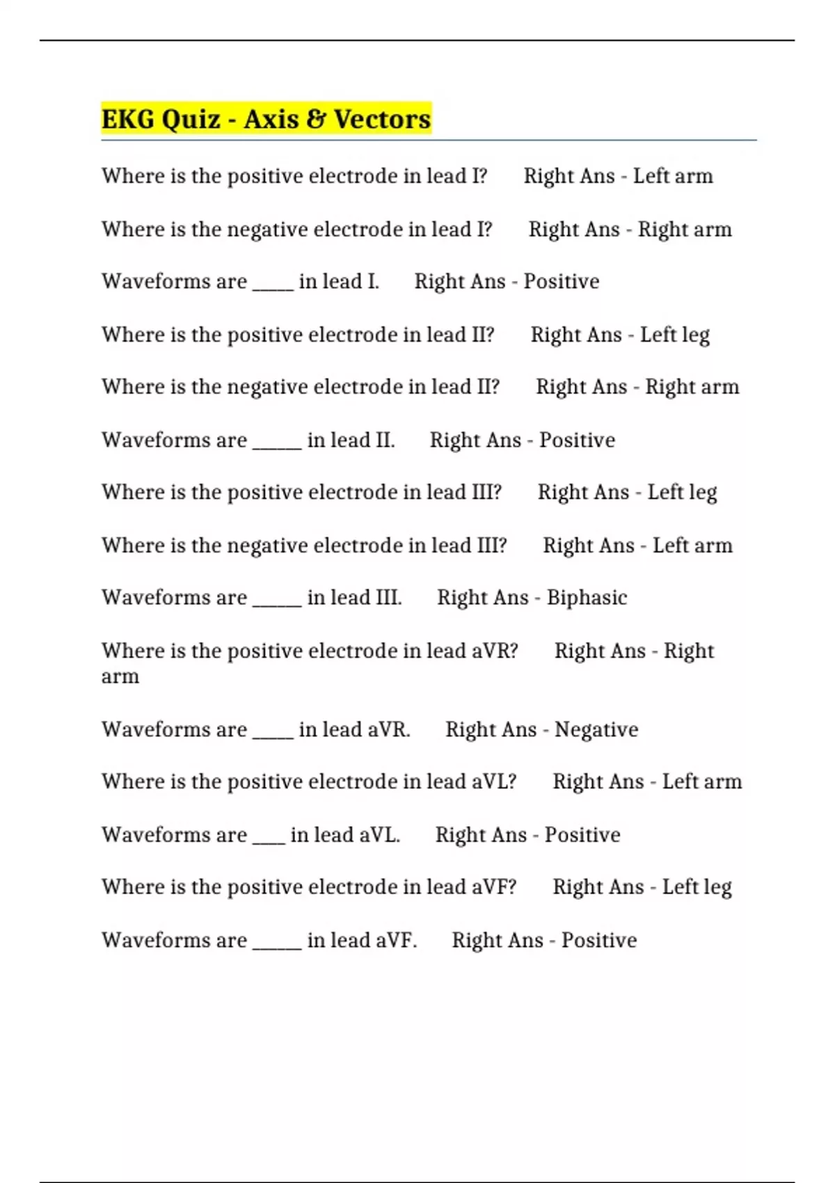 EKG Quiz - Axis & Vectors - NYU Langone - Stuvia US