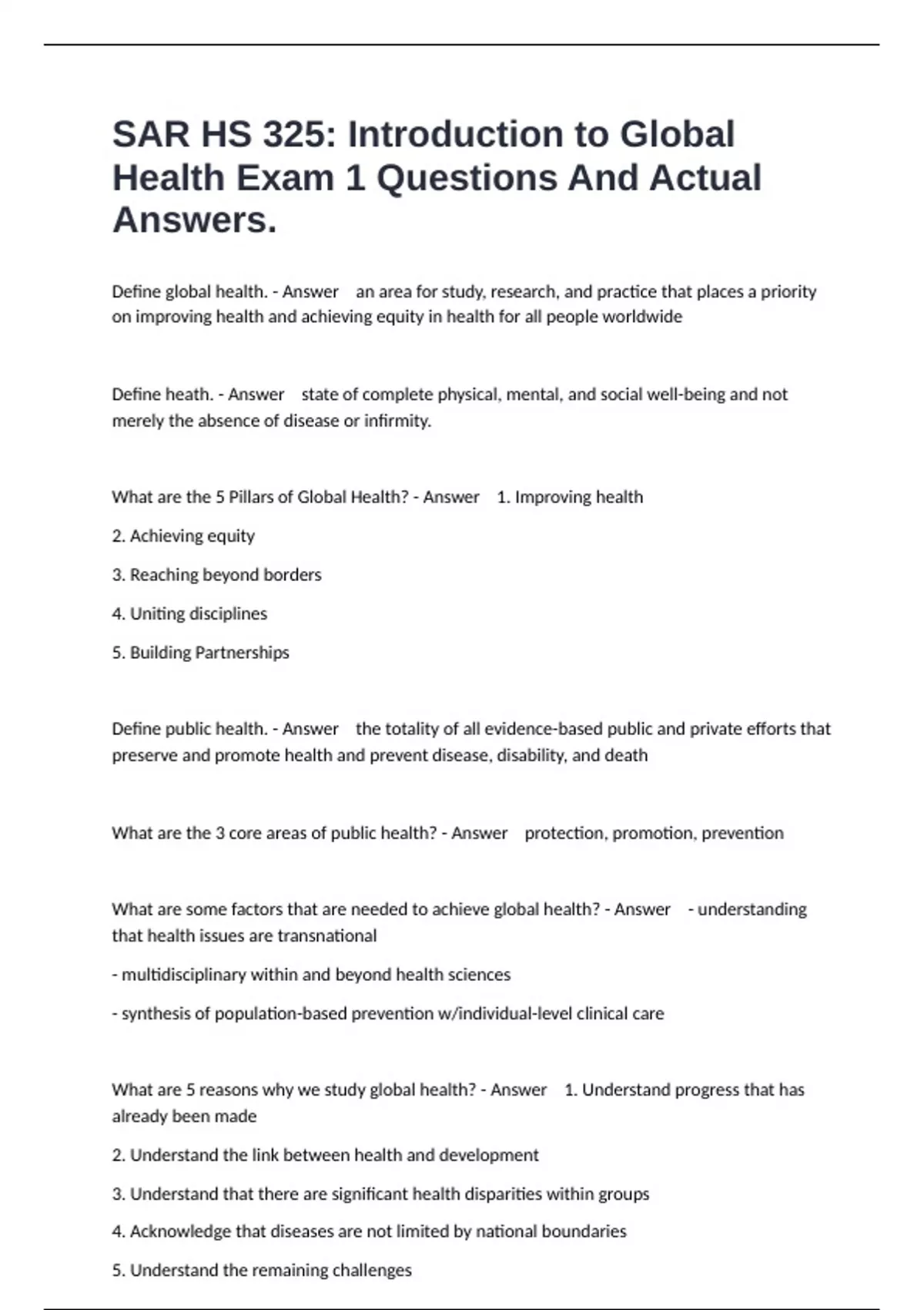 SAR HS 325: Introduction to Global Health Exam 1 Questions And Actual ...