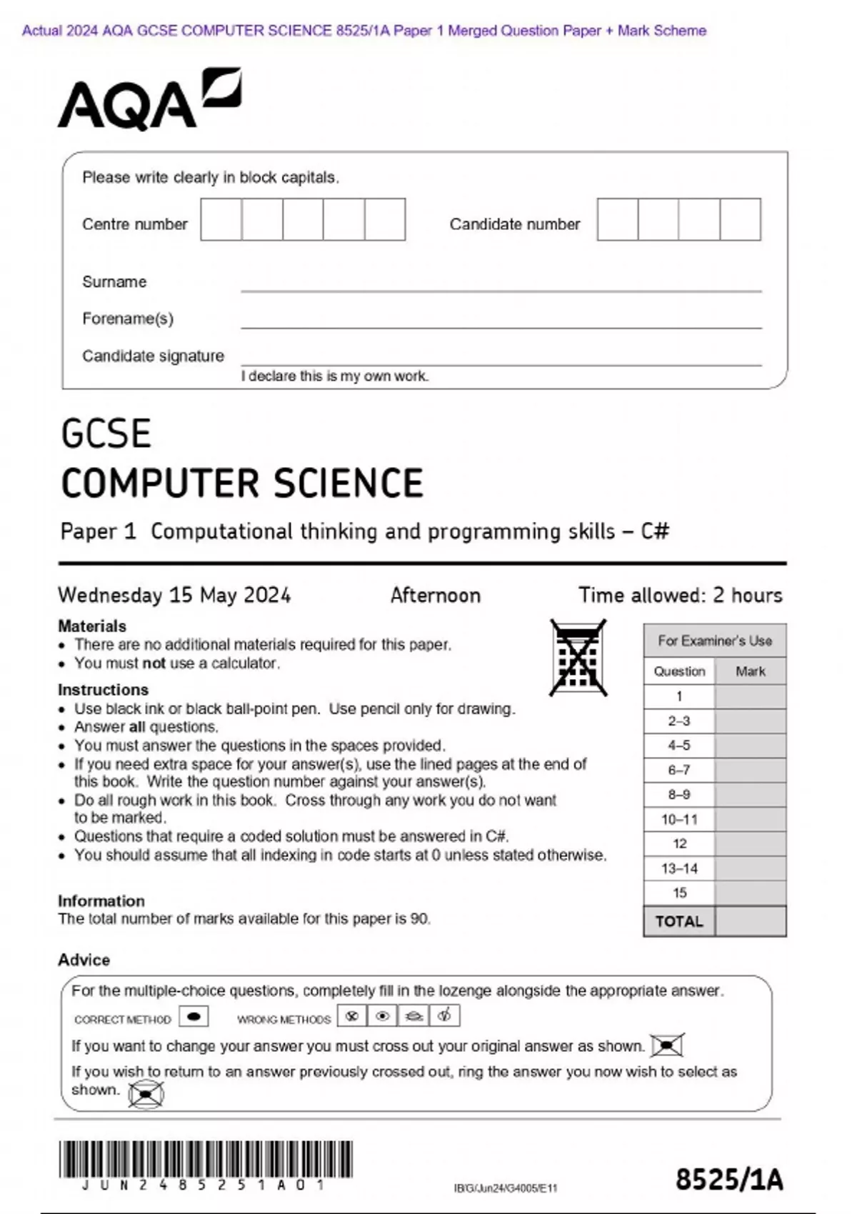 Actual 2024 AQA GCSE COMPUTER SCIENCE 8525/1A Paper 1 Merged Question Paper + Mark Scheme Actual ...