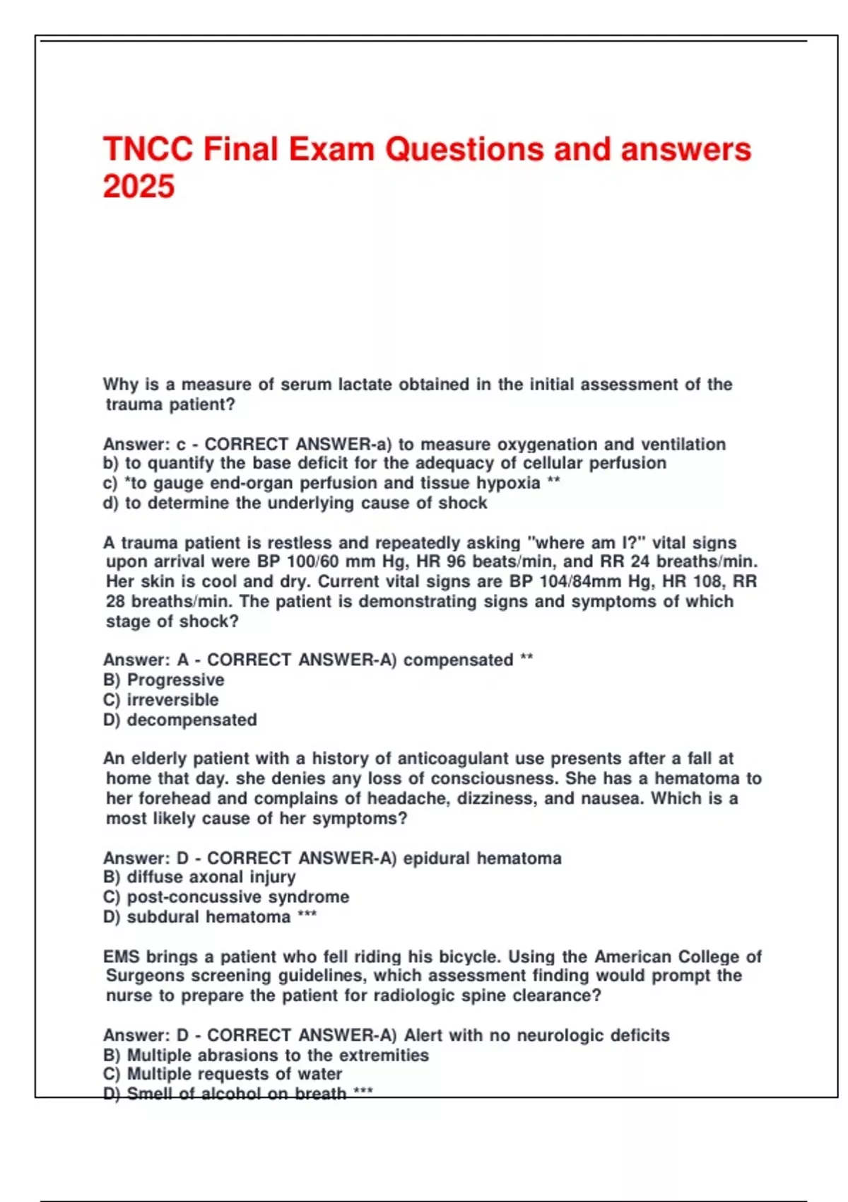 TNCC Final Exam Questions and answers 2025. - TNCC - Stuvia US