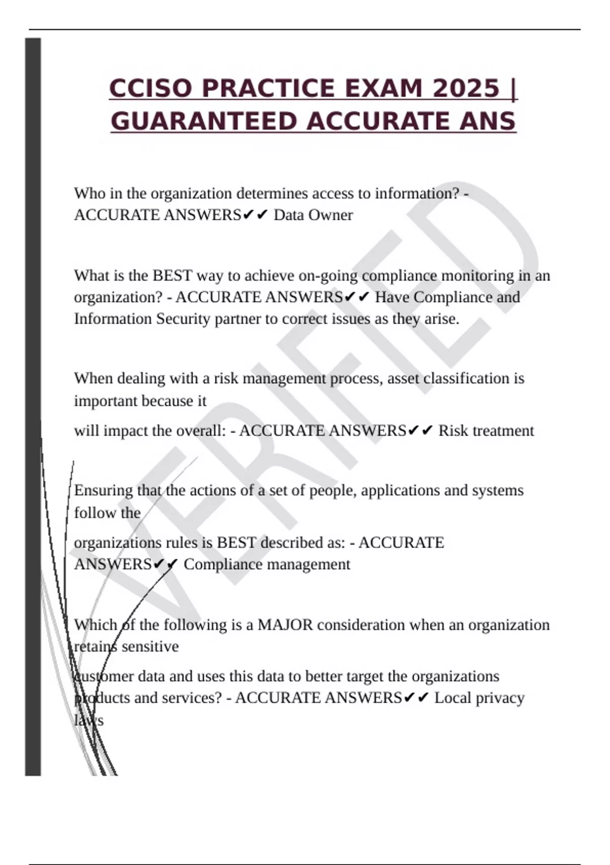 CCISO PRACTICE EXAM 2025 |GUARANTEED ACCURATE ANS - CCISO - Stuvia US