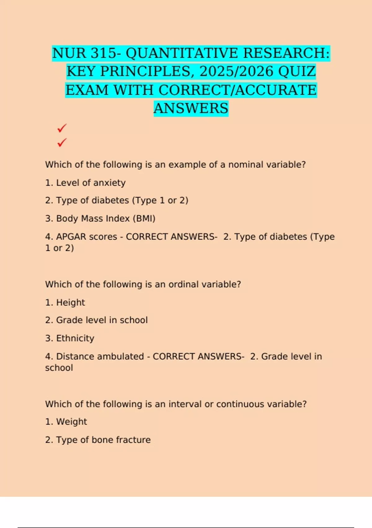 NUR 315- QUANTITATIVE RESEARCH: KEY PRINCIPLES, 2025/2026 QUIZ EXAM ...