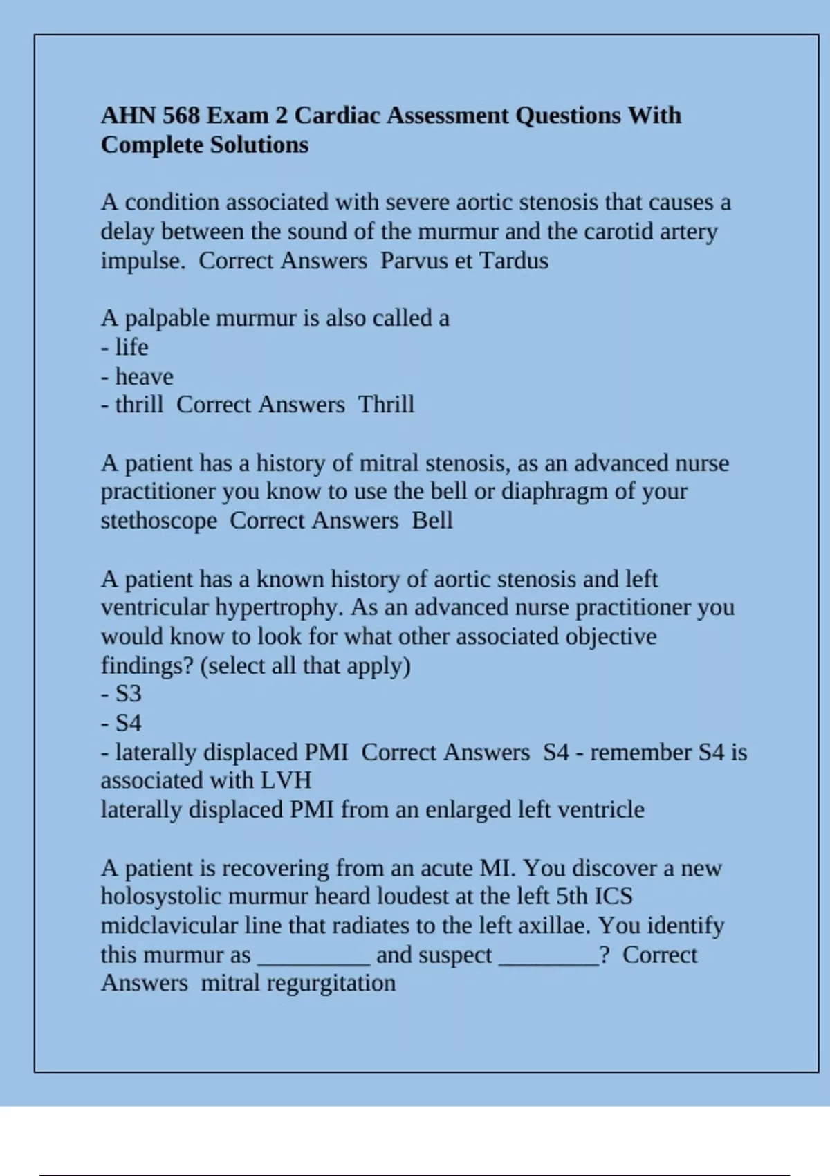 AHN 568 Exam 2 Cardiac Assessment Questions With Complete Solutions - AHN 568 - Stuvia US