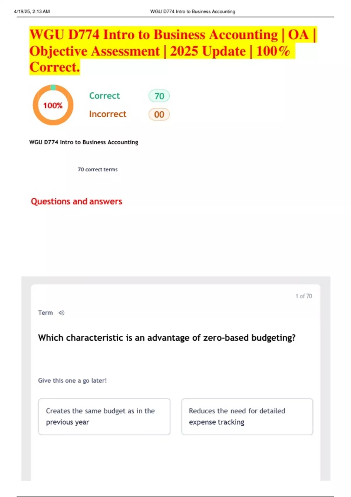 WGU D774 Intro to Business Accounting | OA | Objective Assessment | 2025 Update | 100% Correct ...