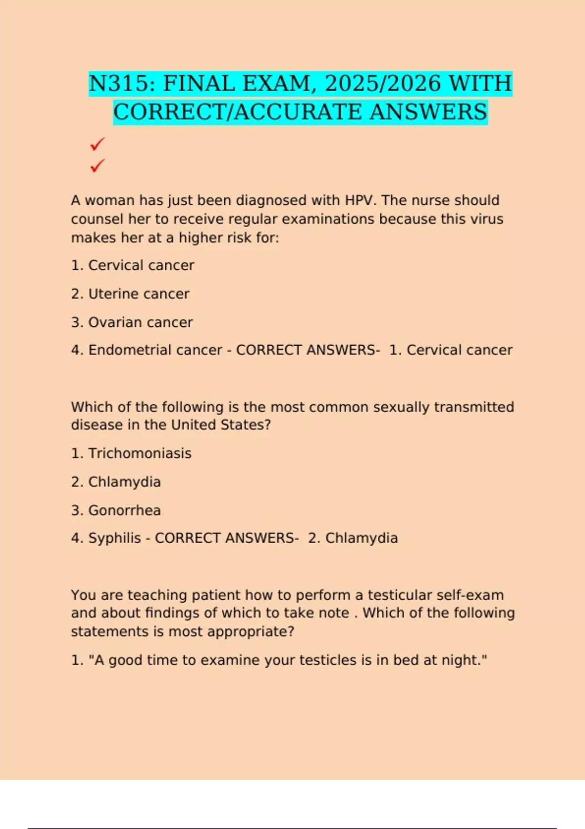 N315: FINAL EXAM, 2025/2026 WITH CORRECT/ACCURATE ANSWERS - N315 ...