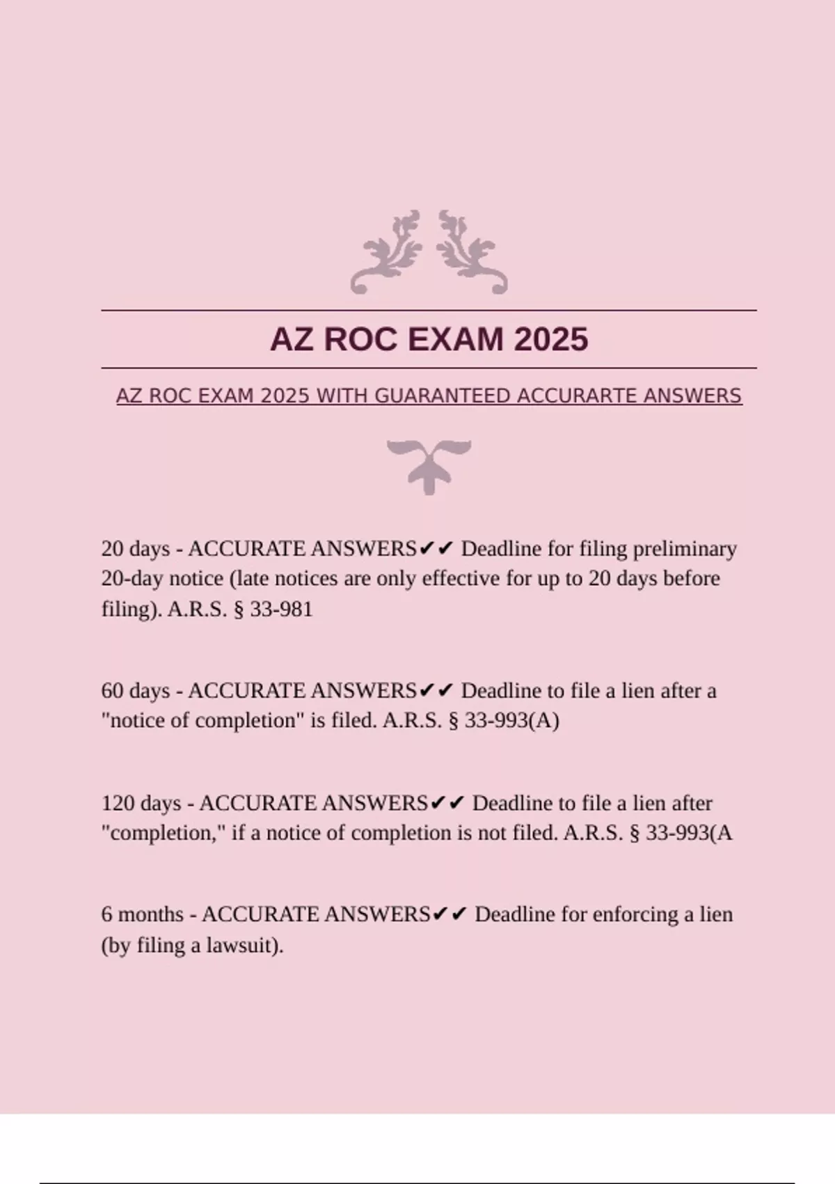 AZ ROC EXAM 2025 WITH GUARANTEED ACCURARTE ANSWERS - AZ ROC - Stuvia US