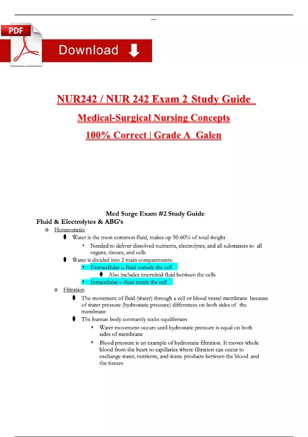 NUR242 / NUR 242 Exam 2 Study Guide Medical-Surgical Nursing Concepts ...