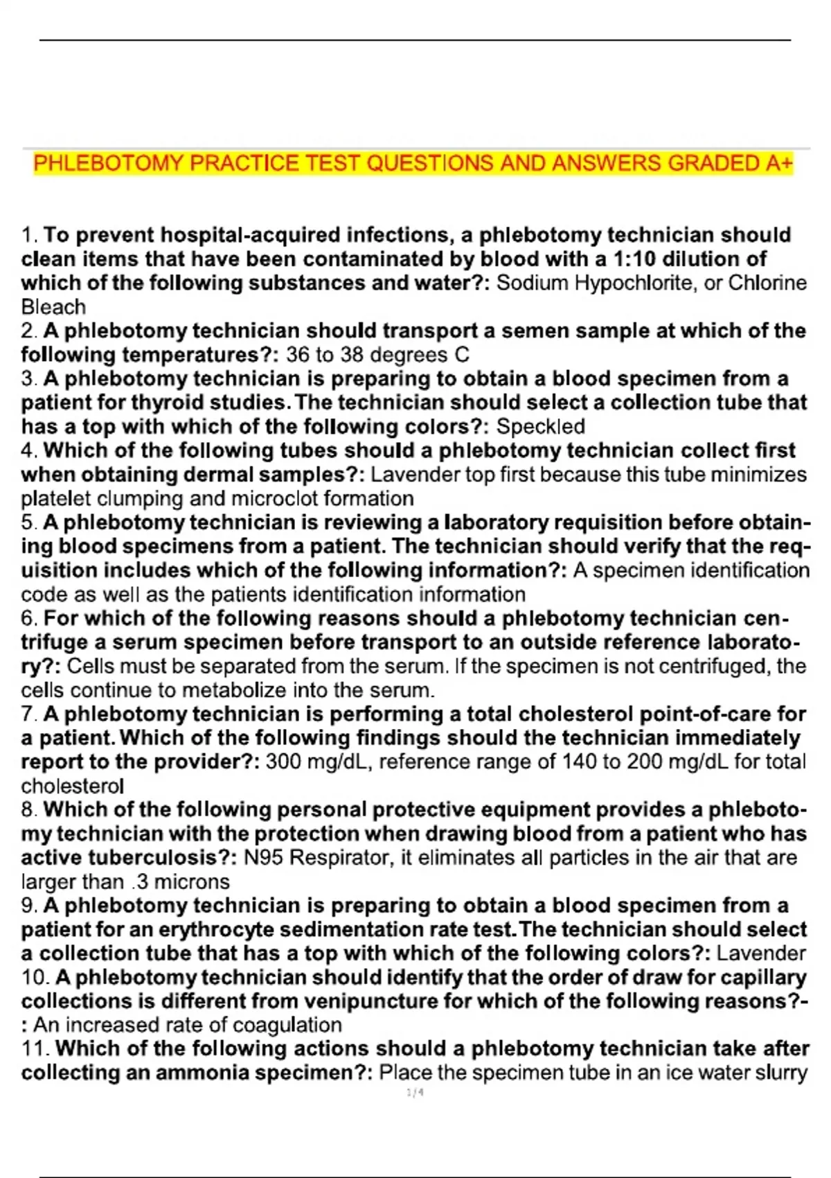 PHLEBOTOMY PRACTICE TEST QUESTIONS AND ANSWERS GRADED A+ - PHLEBOTOMY ...
