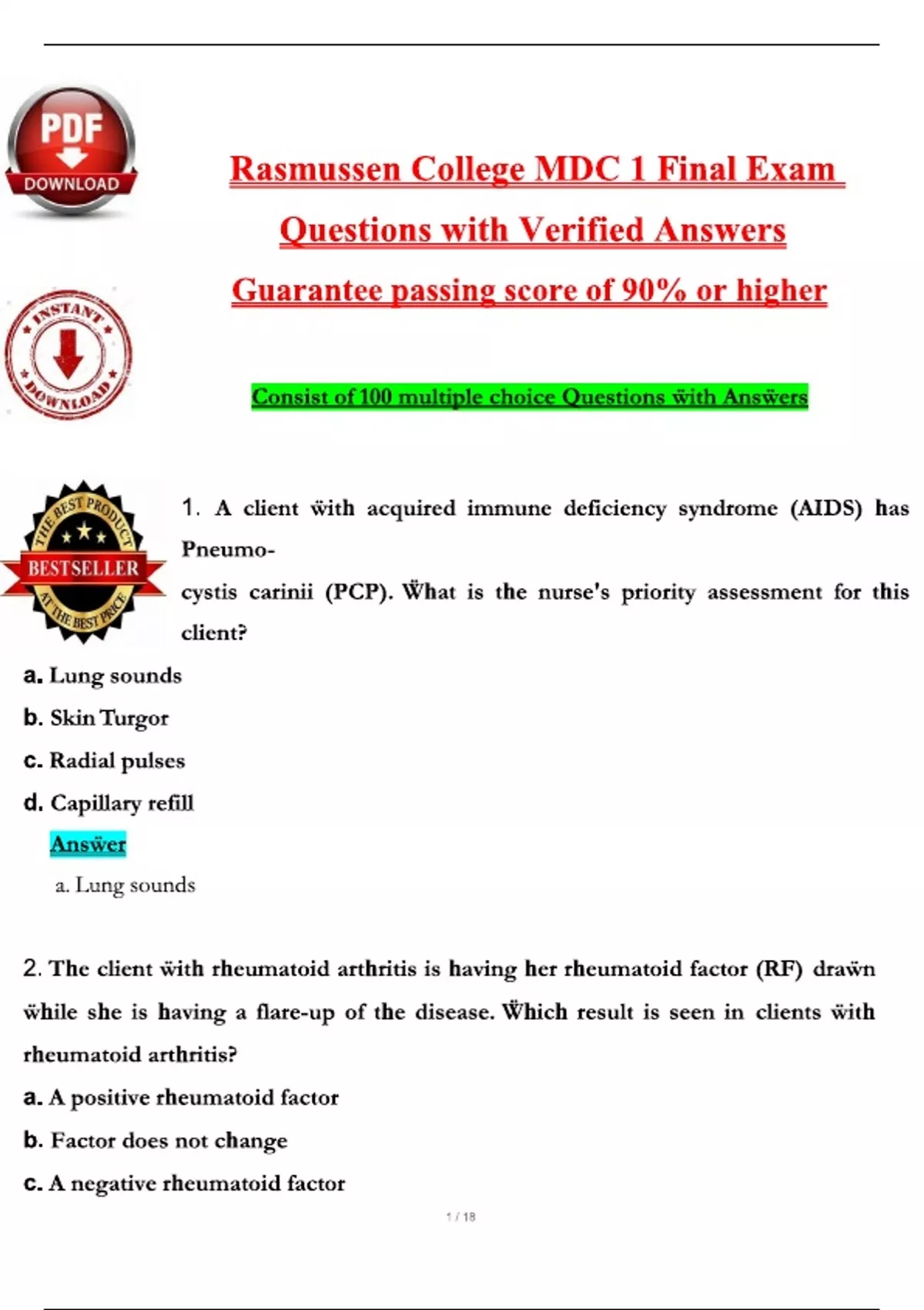 Rasmussen College MDC 1 Final Exam (2025 / 2026) Questions with ...