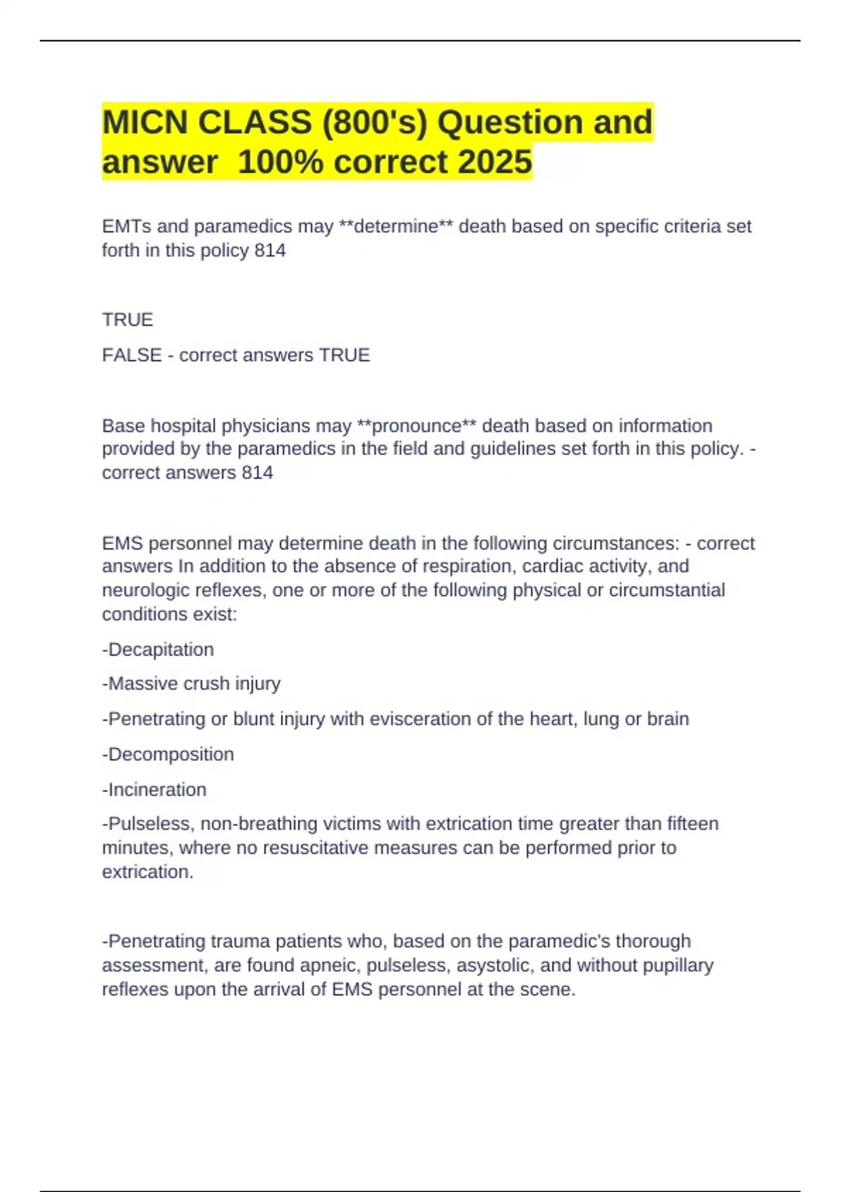 MICN CLASS (800's) Question and answer 100% correct 2025 - MICN CLASS - Stuvia US