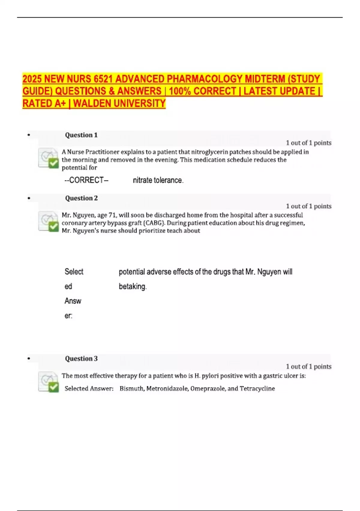 NURS 6521 ADVANCED PHARMACOLOGY MIDTERM (STUDY GUIDE) QUESTIONS & ANSWERS | 100% CORRECT ...