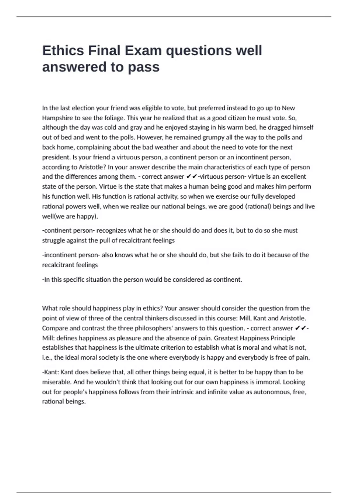 Ethics Final Exam questions well answered to pass - Ethics - Stuvia US