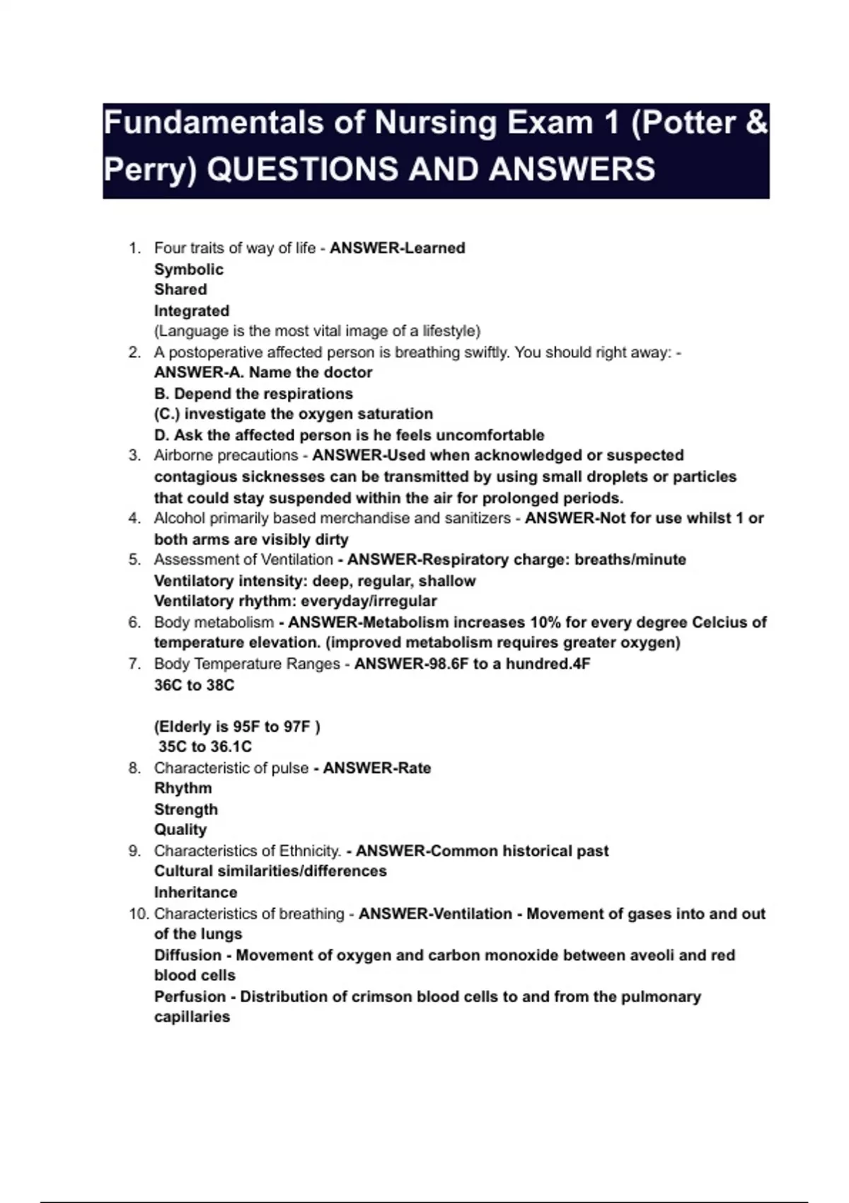 Fundamentals of Nursing Exam 1 (Potter & Perry) QUESTIONS AND ANSWERS ...
