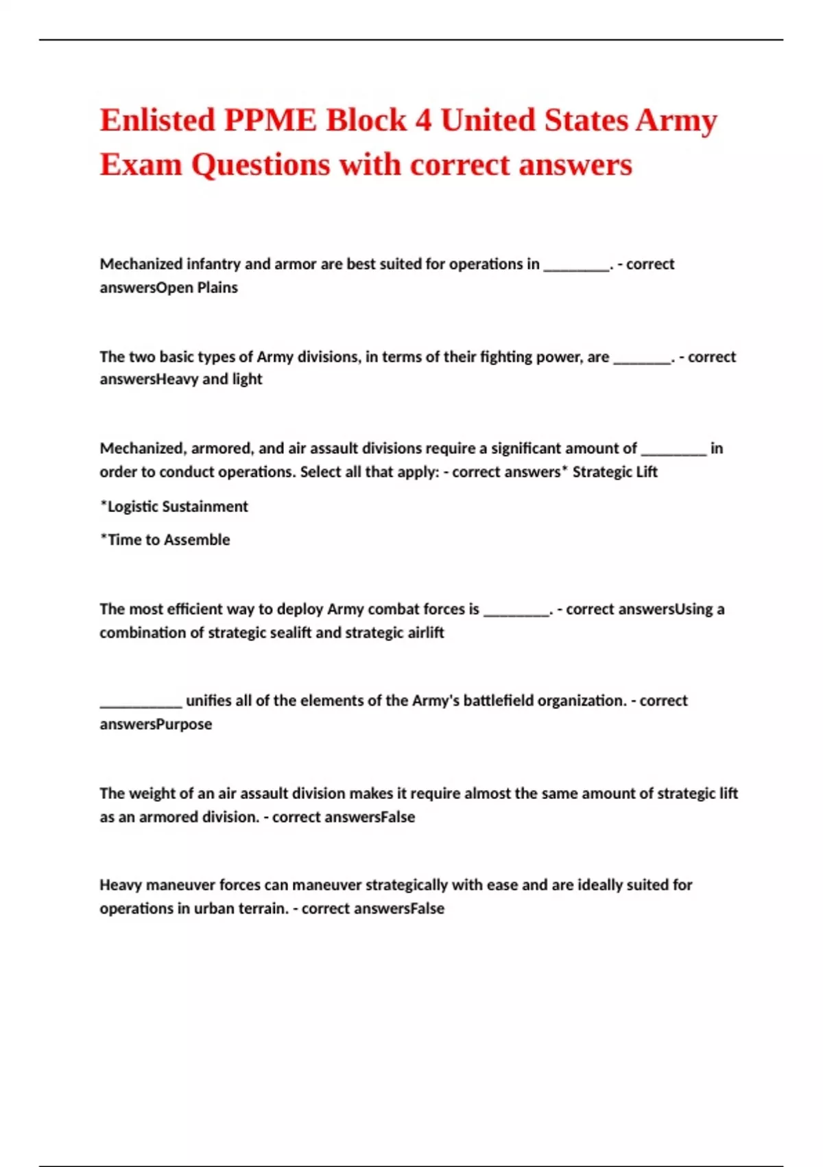 Enlisted PPME Block 4 United States Army Exam Questions with correct ...