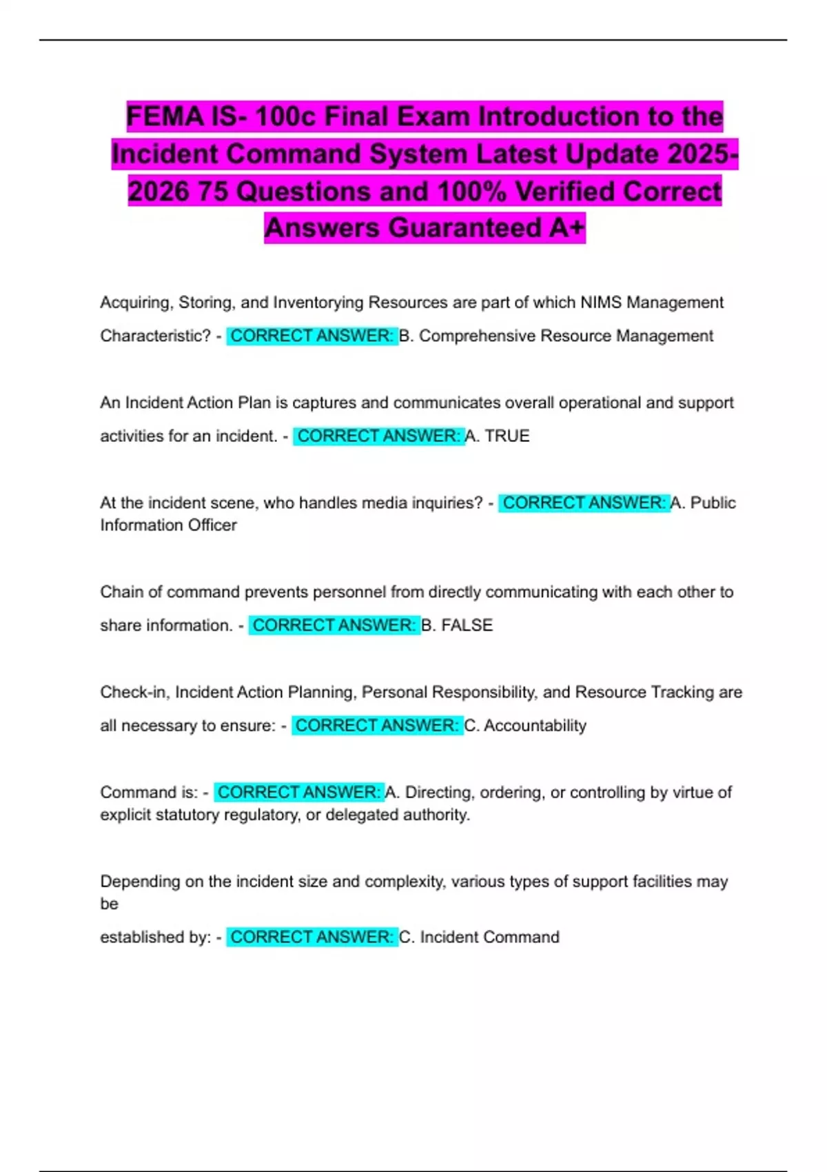 FEMA IS- 100c Final Exam Introduction to the Incident Command System ...