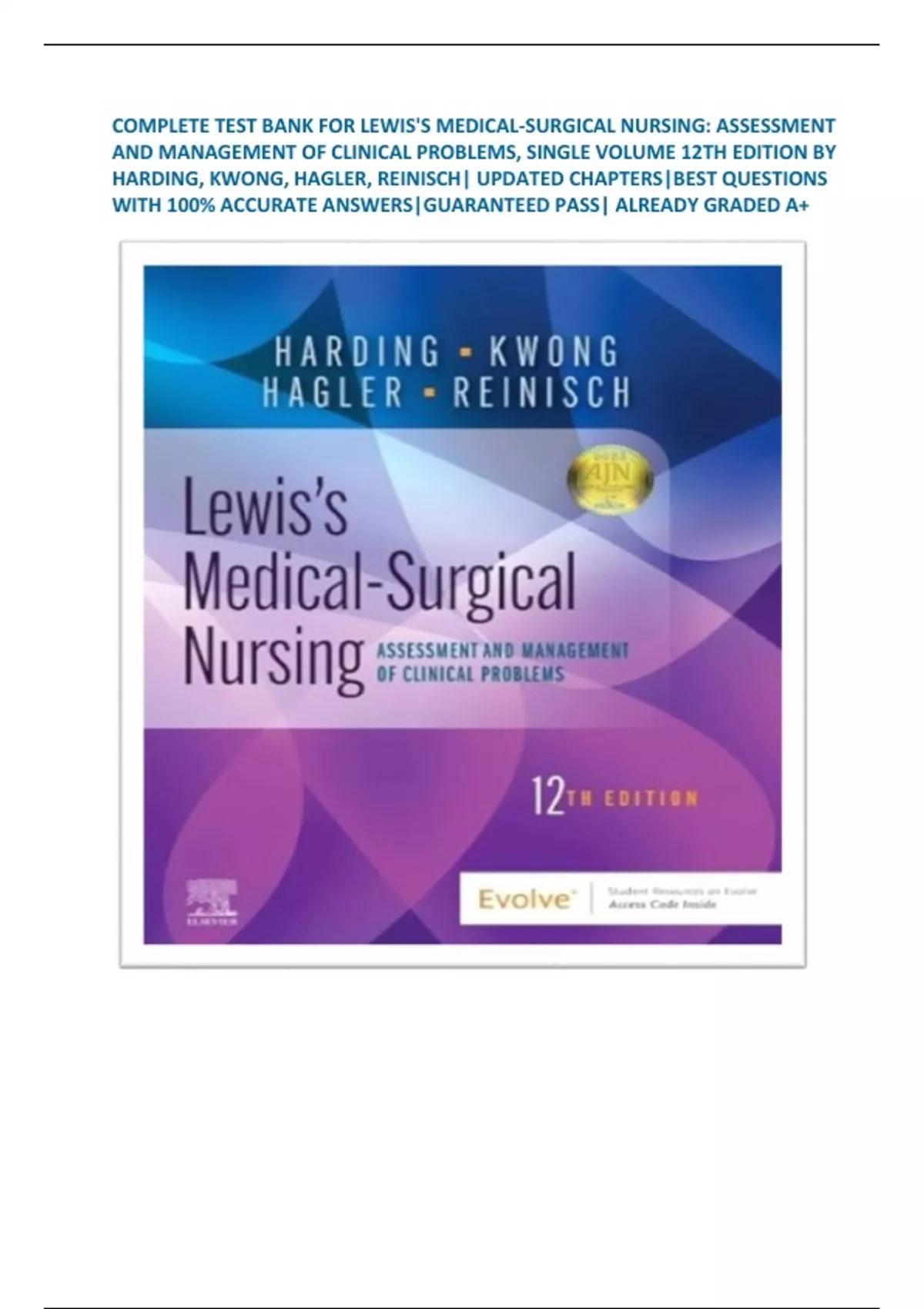 COMPLETE TEST BANK FOR LEWIS'S MEDICAL-SURGICAL NURSING: ASSESSMENT AND ...