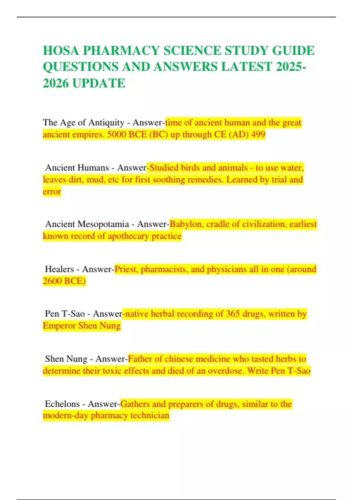 HOSA PHARMACY SCIENCE STUDY GUIDE QUESTIONS AND ANSWERS LATEST UPDATE ...