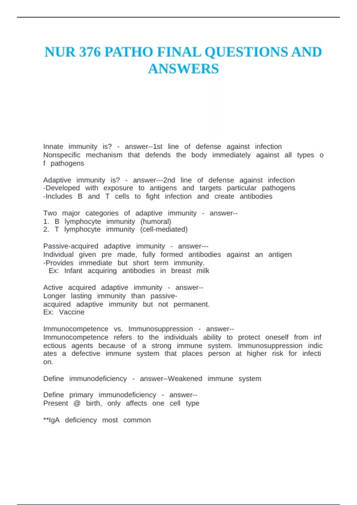 NUR 376 PATHO FINAL QUESTIONS AND ANSWER1 - NUR 376 Patho - Stuvia US