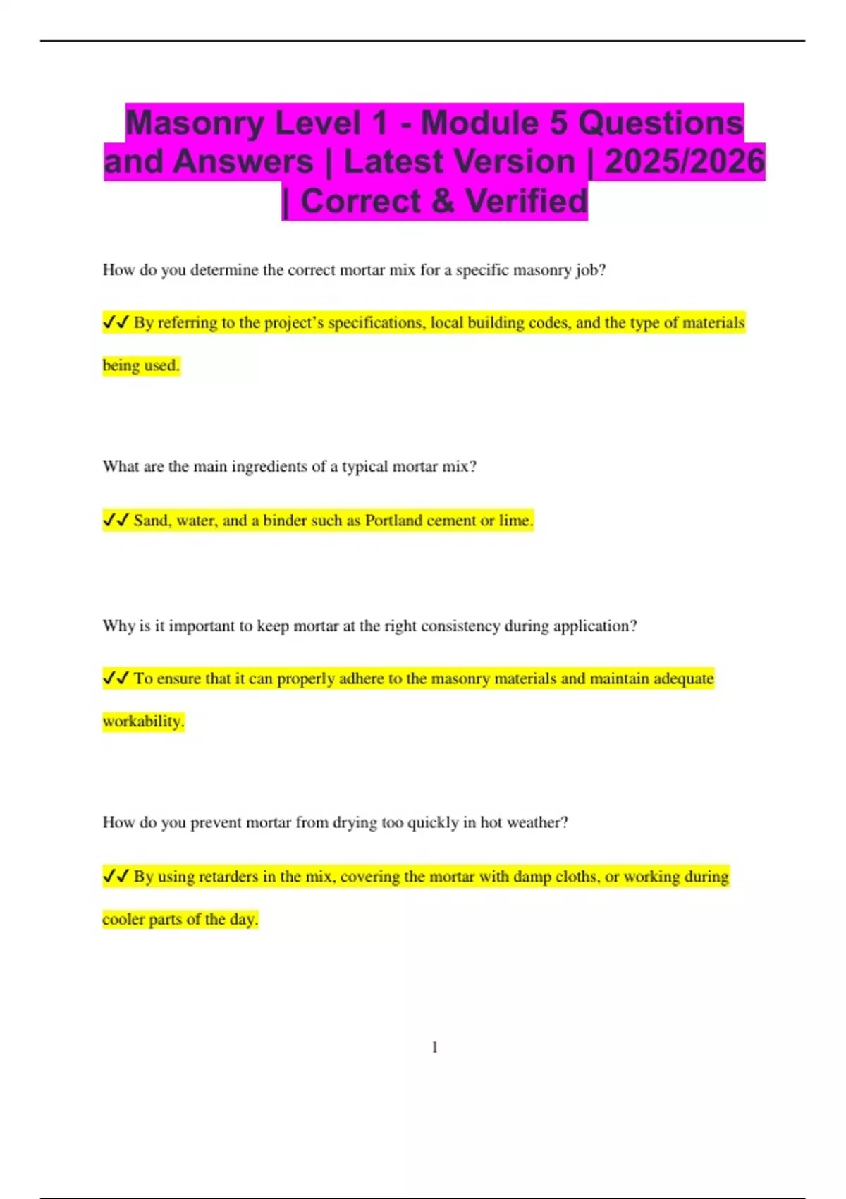 Masonry Level 1 - Module 5 Questions and Answers | Latest Version ...