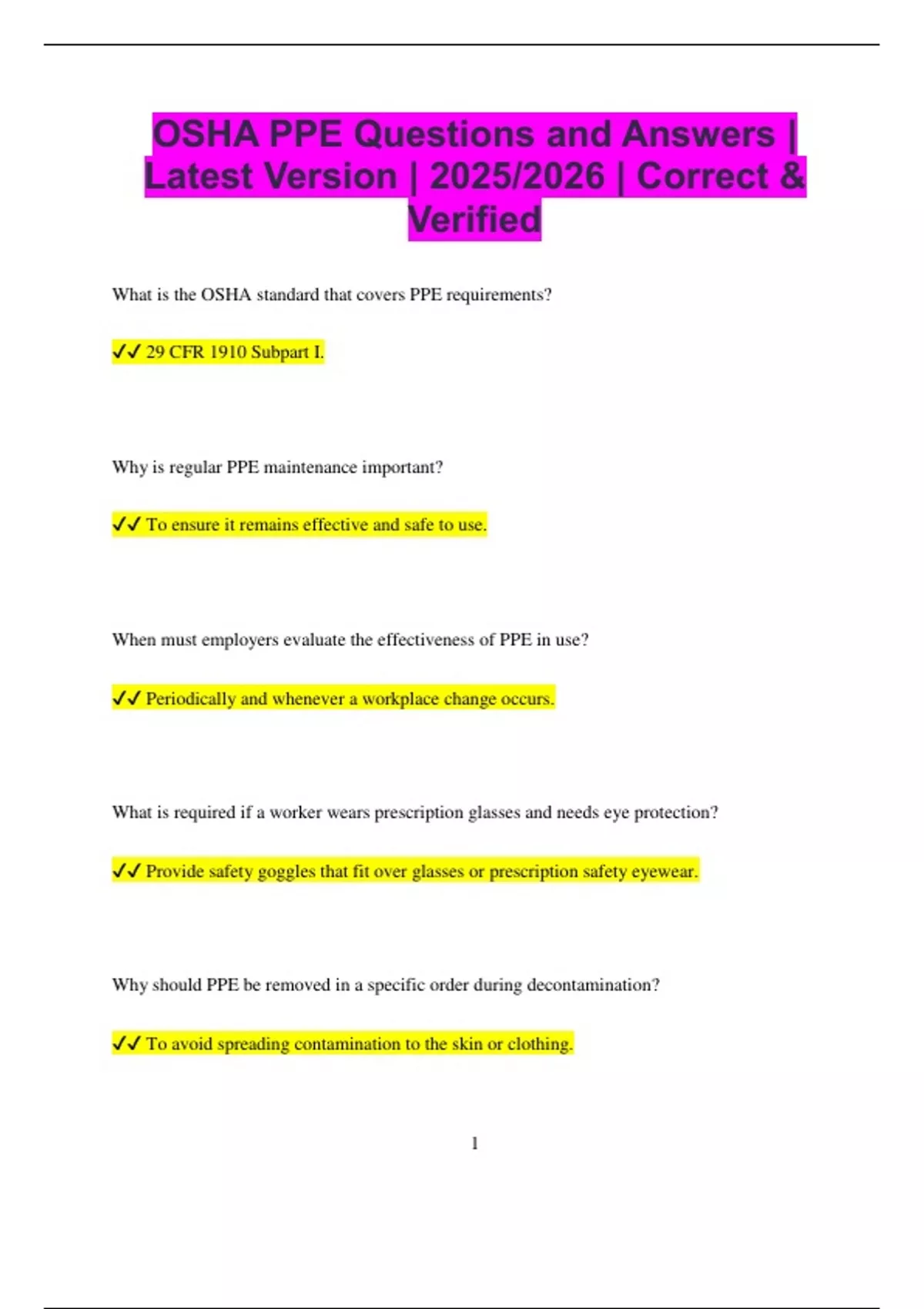 OSHA PPE Questions and Answers | Latest Version | 2025/2026 | Correct ...