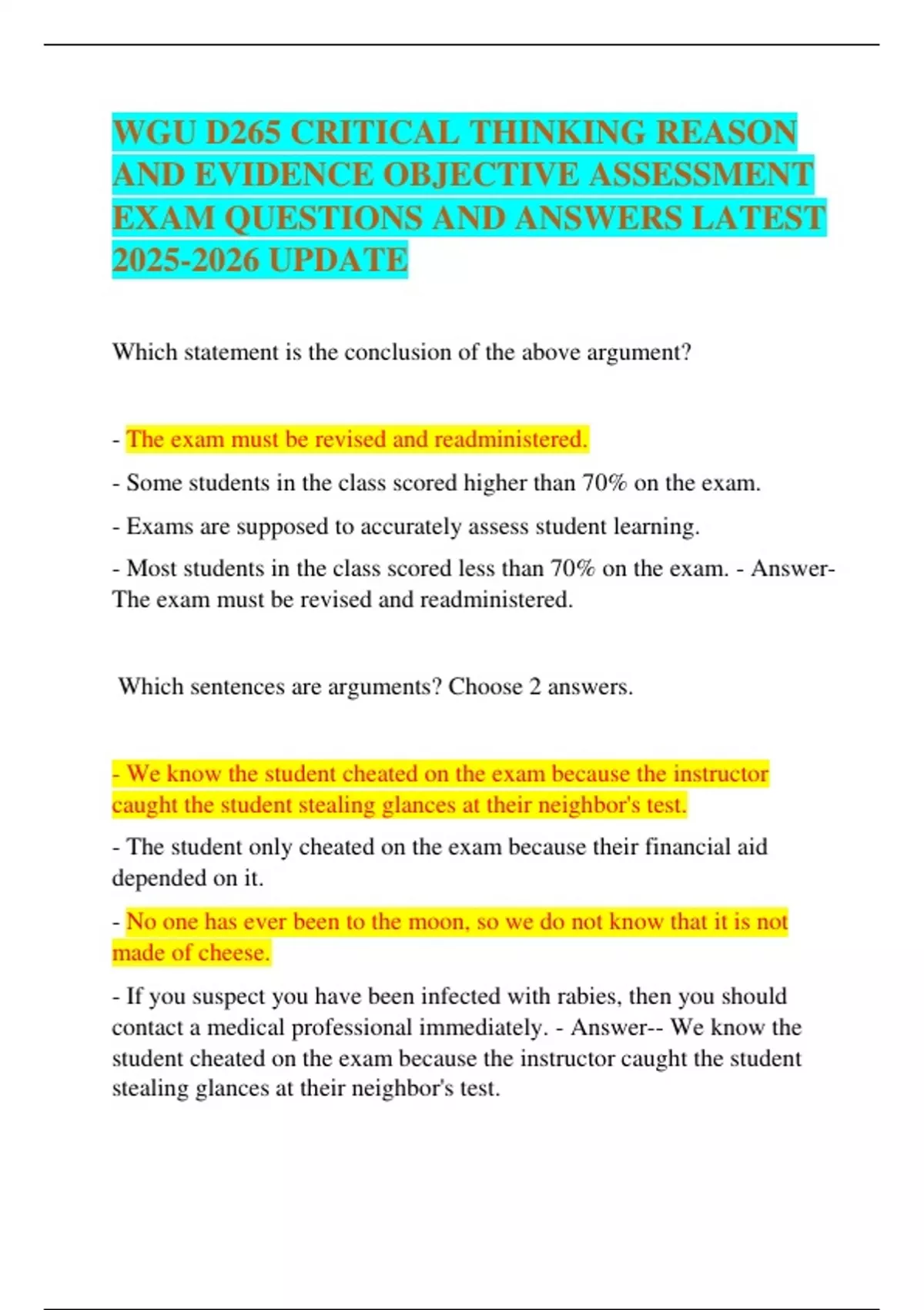 WGU D265 CRITICAL THINKING REASON AND EVIDENCE OBJECTIVE ASSESSMENT ...