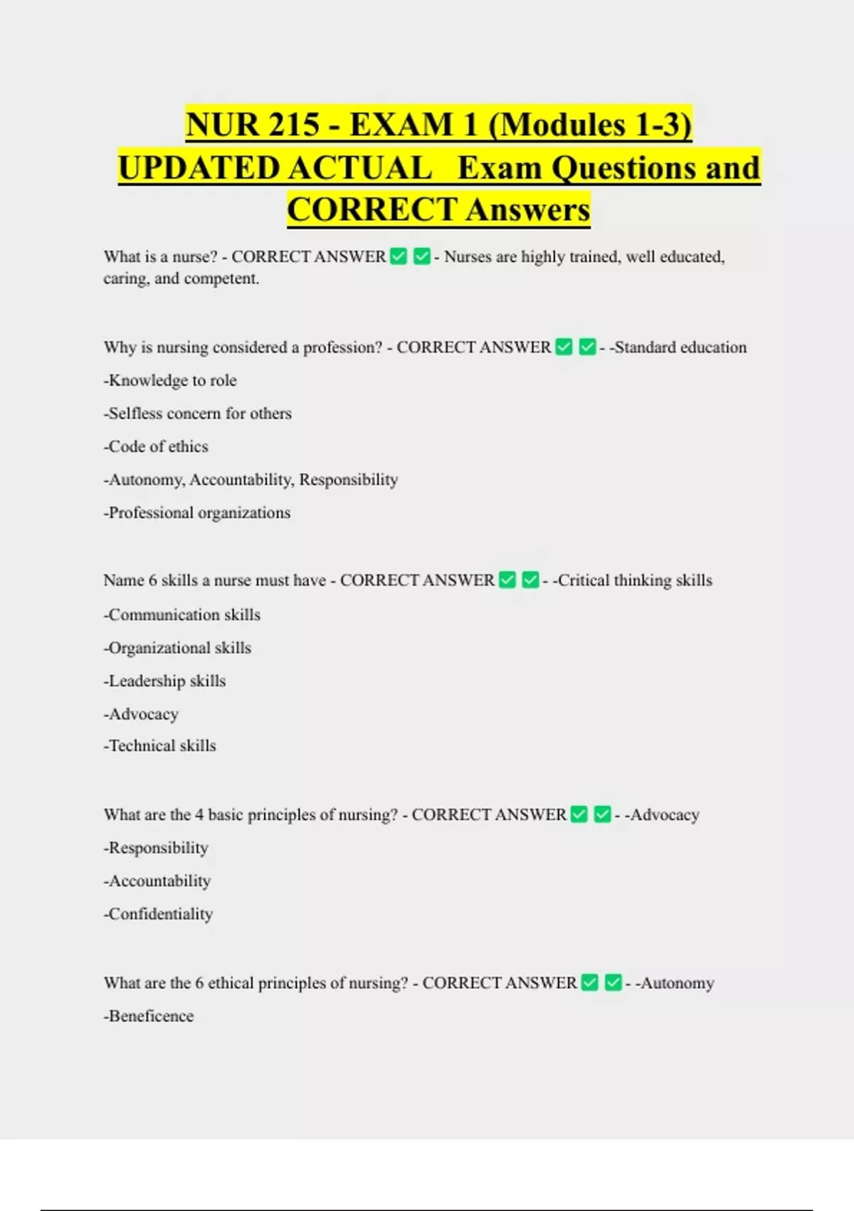 NUR 215 Bundled Exam Questions WITH CORRECT Answers - Stuvia US