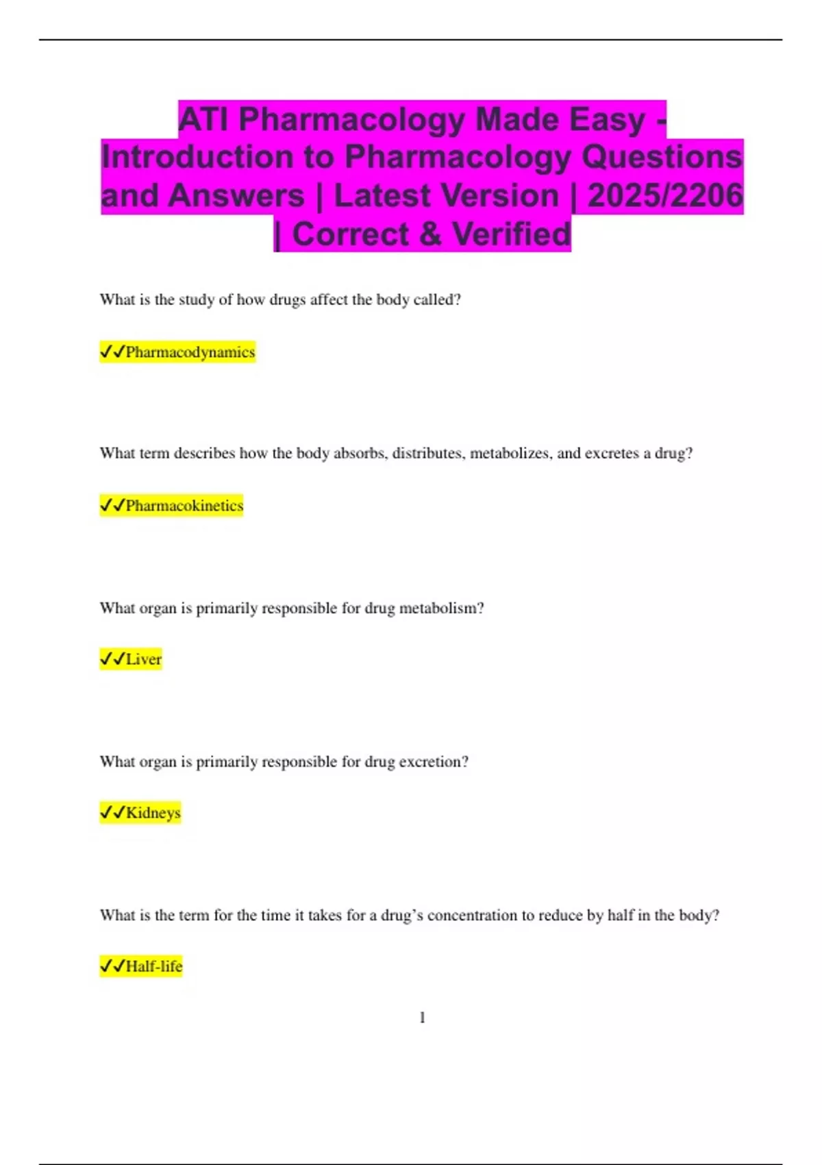 ATI Pharmacology Made Easy - Introduction to Pharmacology Questions and ...