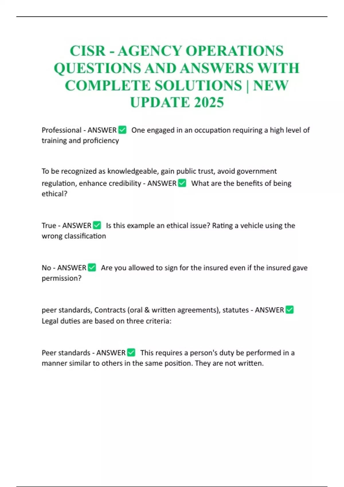 CISR - AGENCY OPERATIONS QUESTIONS AND ANSWERS WITH COMPLETE SOLUTIONS ...