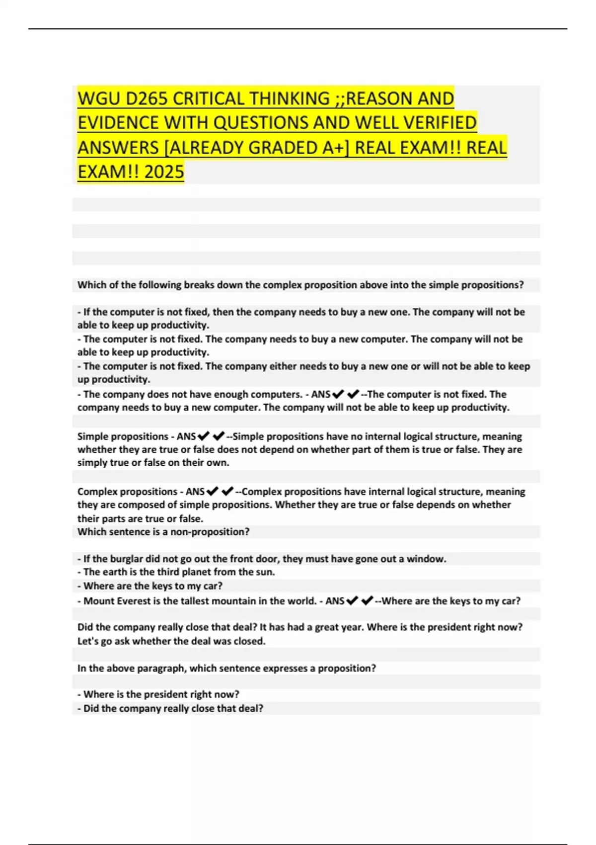 WGU D265 CRITICAL THINKING ;;REASON AND EVIDENCE WITH QUESTIONS AND ...