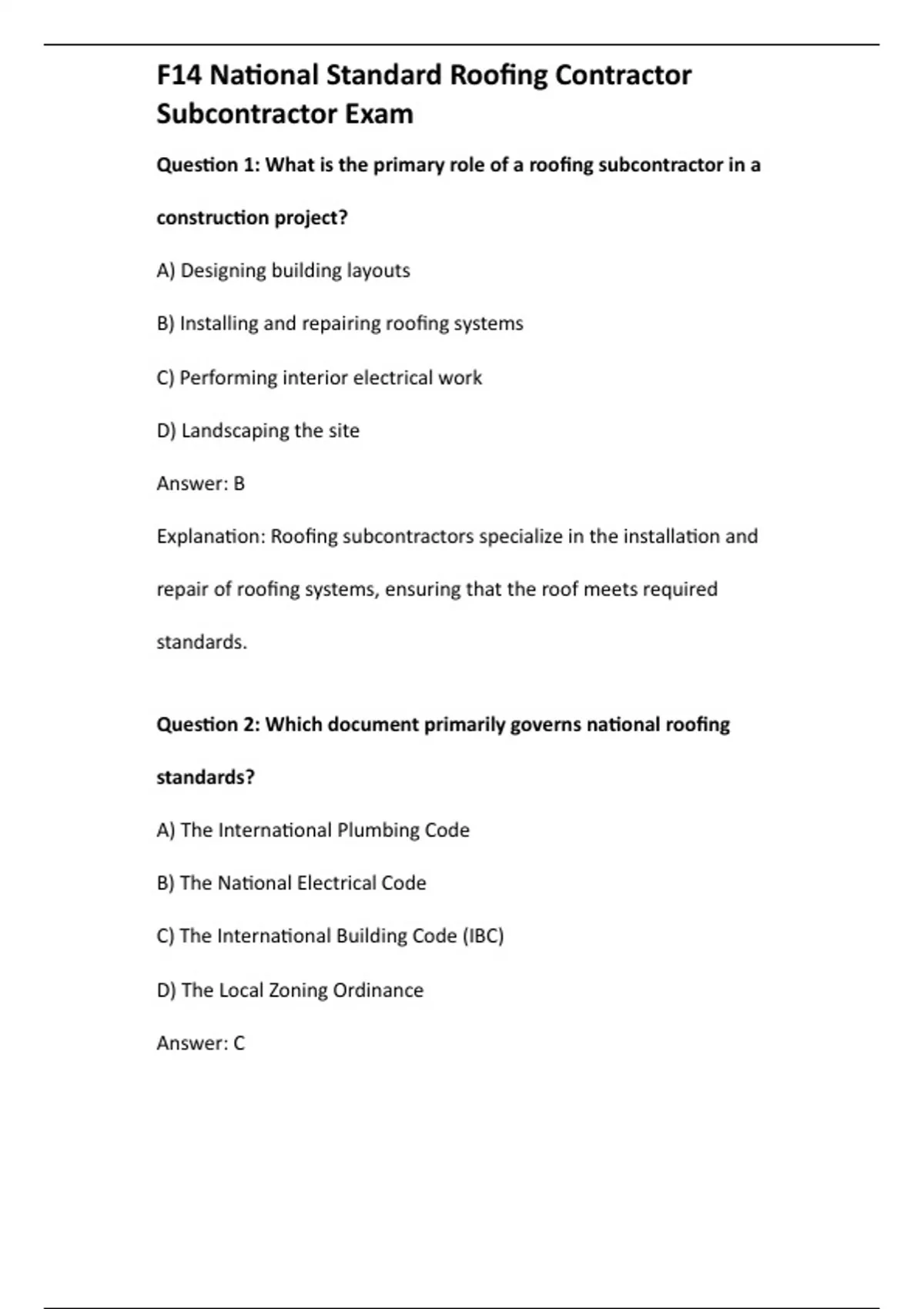F14 National Standard Roofing Contractor Subcontractor Exam - Computers ...