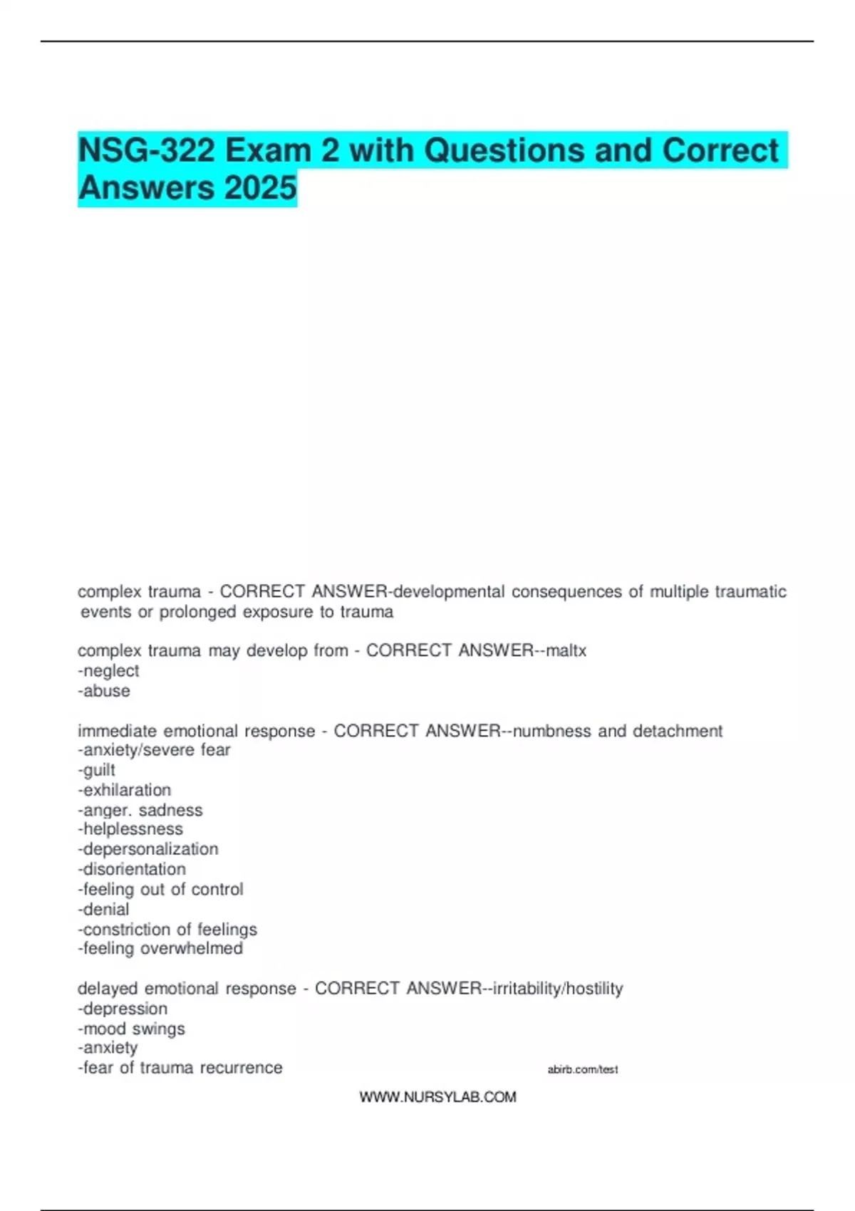 NSG-322 Exam 2 with Questions and Correct Answers 2025. - NSG-322 ...