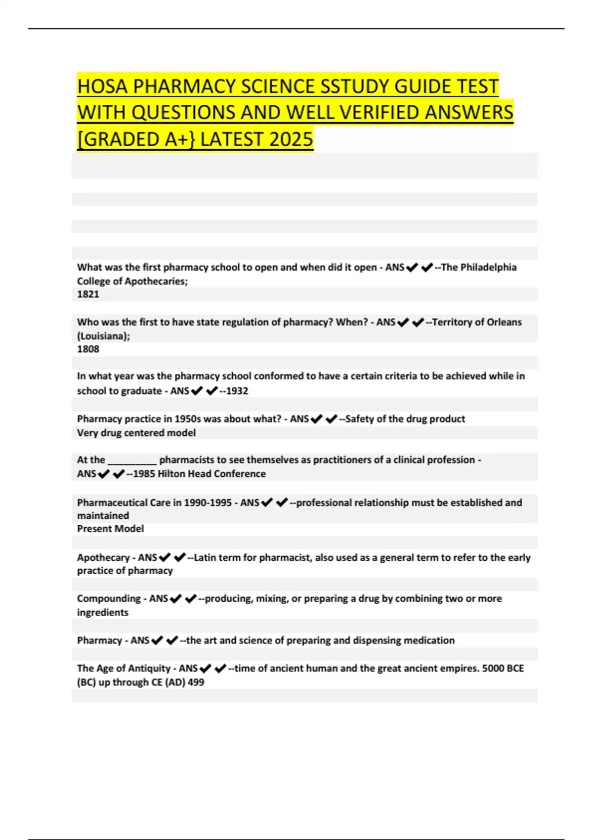 HOSA PHARMACY SCIENCE SSTUDY GUIDE TEST WITH QUESTIONS AND WELL ...