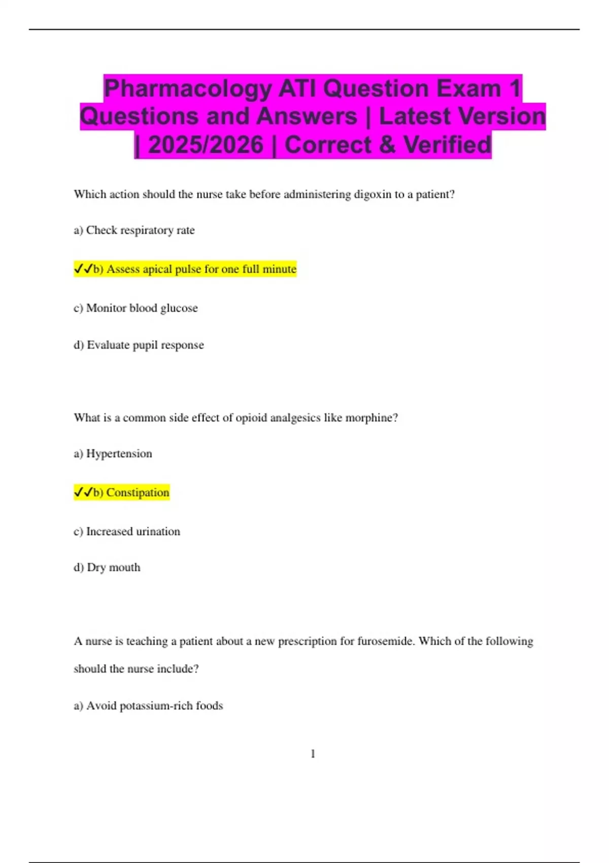 Pharmacology ATI Question Exam 1 Questions and Answers | Latest Version ...