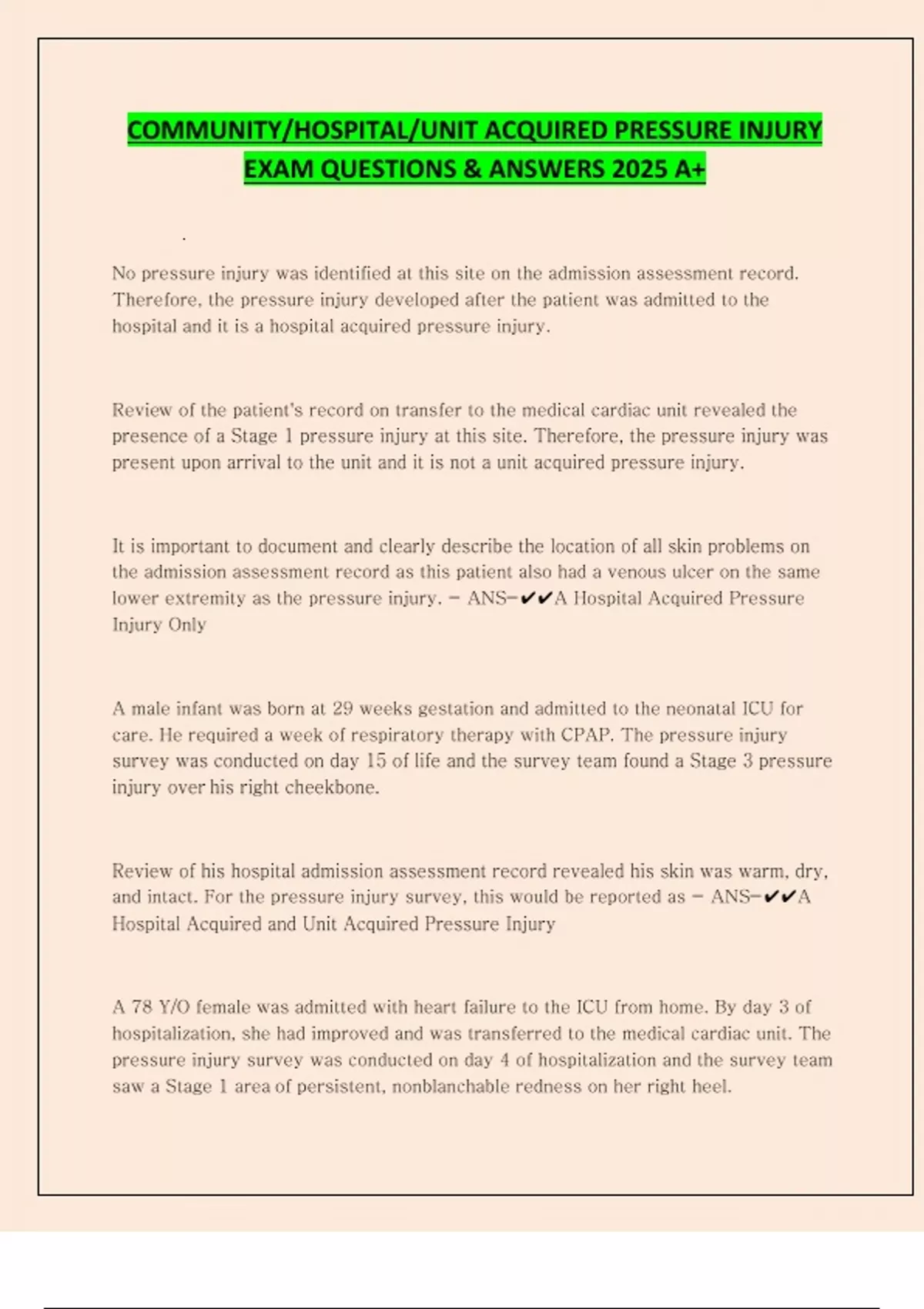 COMMUNITY/HOSPITAL/UNIT ACQUIRED PRESSURE INJURY EXAM QUESTIONS ...