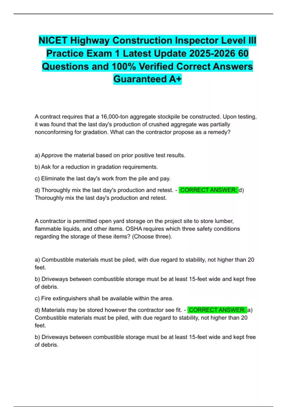 NICET Highway Construction Inspector Level III Practice Exam 1 Latest ...