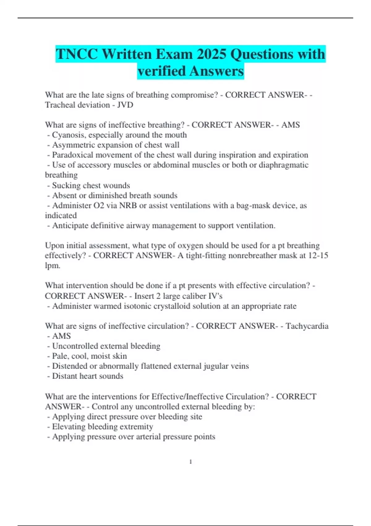 TNCC Written Exam 2025 Questions with verified Answers - TNCC - Stuvia US