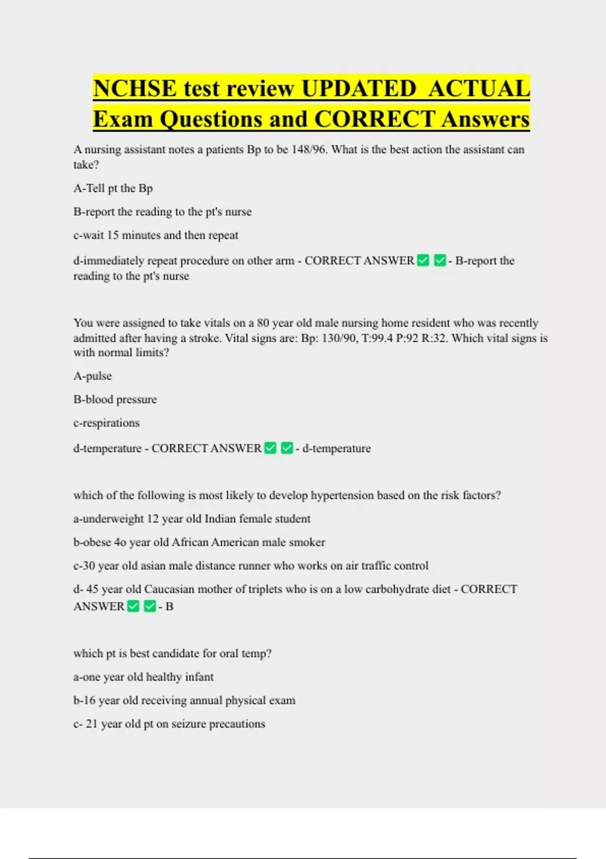 NCHSE test review UPDATED ACTUAL Exam Questions and CORRECT Answers ...