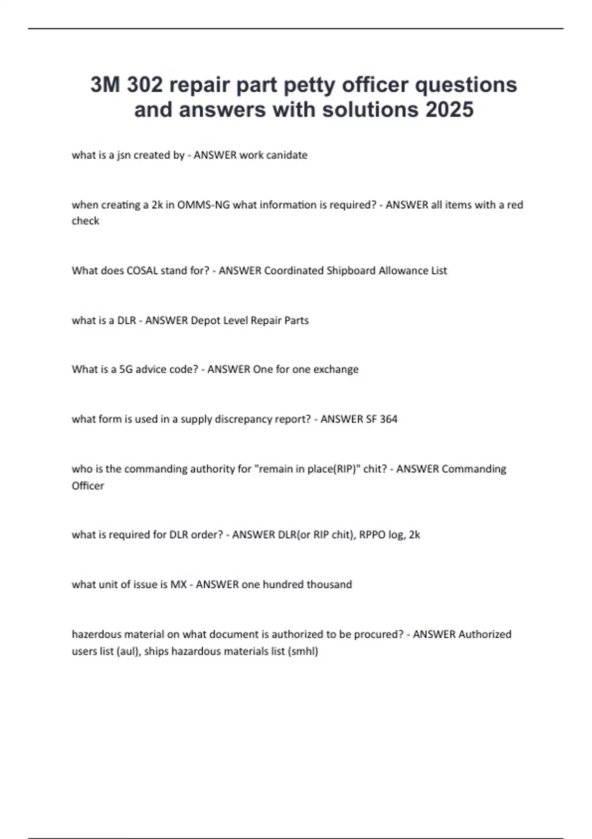 3M 302 repair part petty officer questions and answers with solutions ...