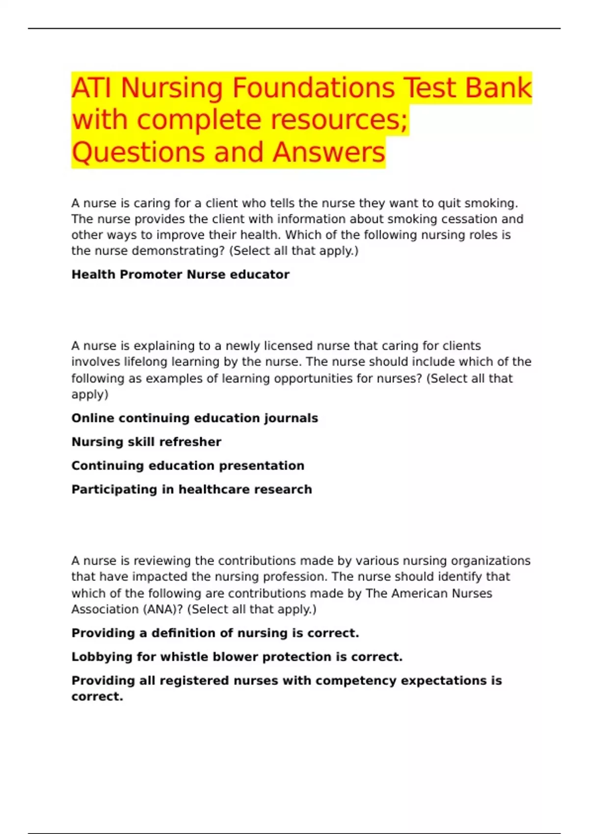 ATI Nursing Foundations Test Bank with complete resources; Questions ...