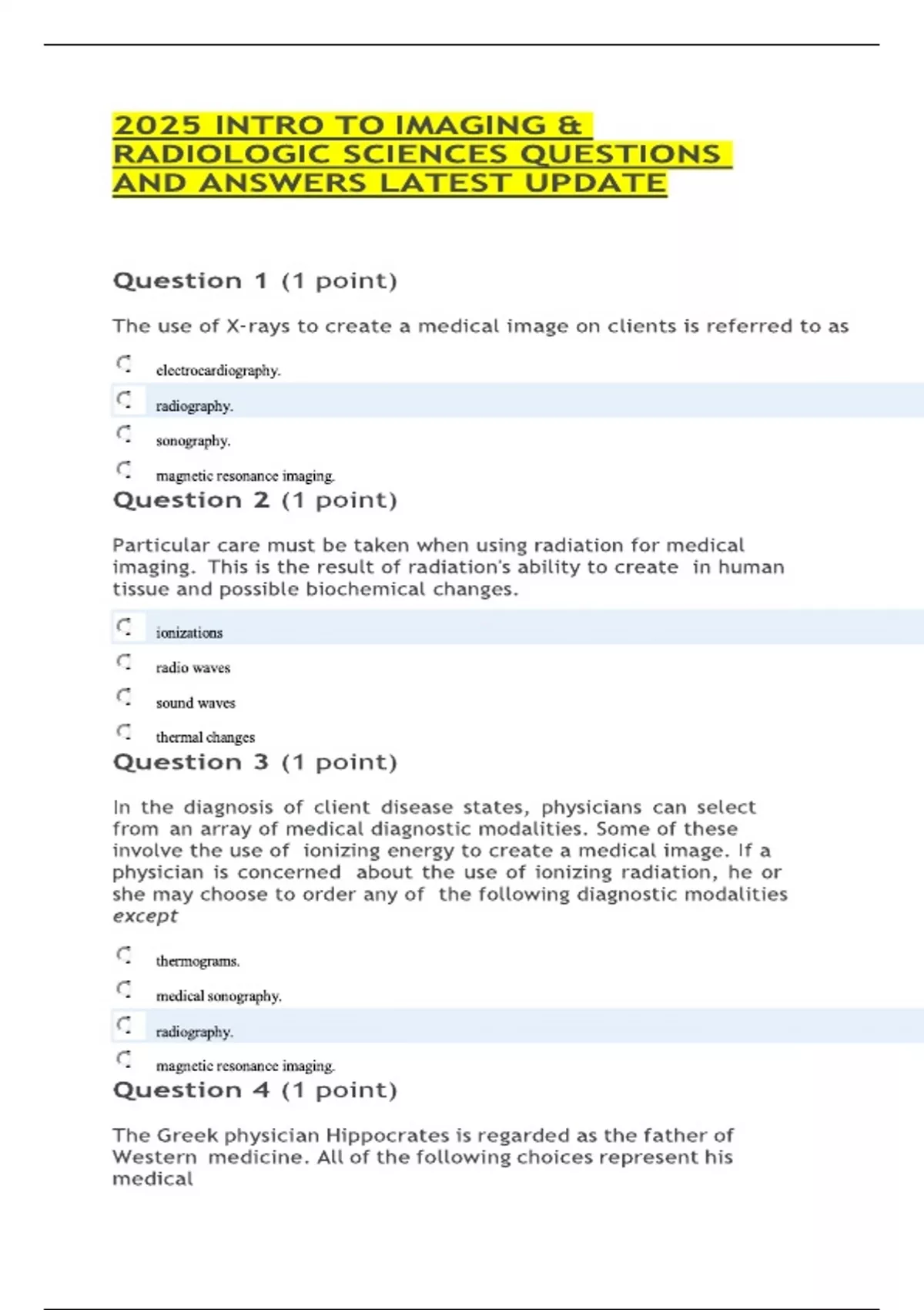 INTRO TO IMAGING & RADIOLOGIC SCIENCES QUESTIONS AND ANSWERS LATEST ...