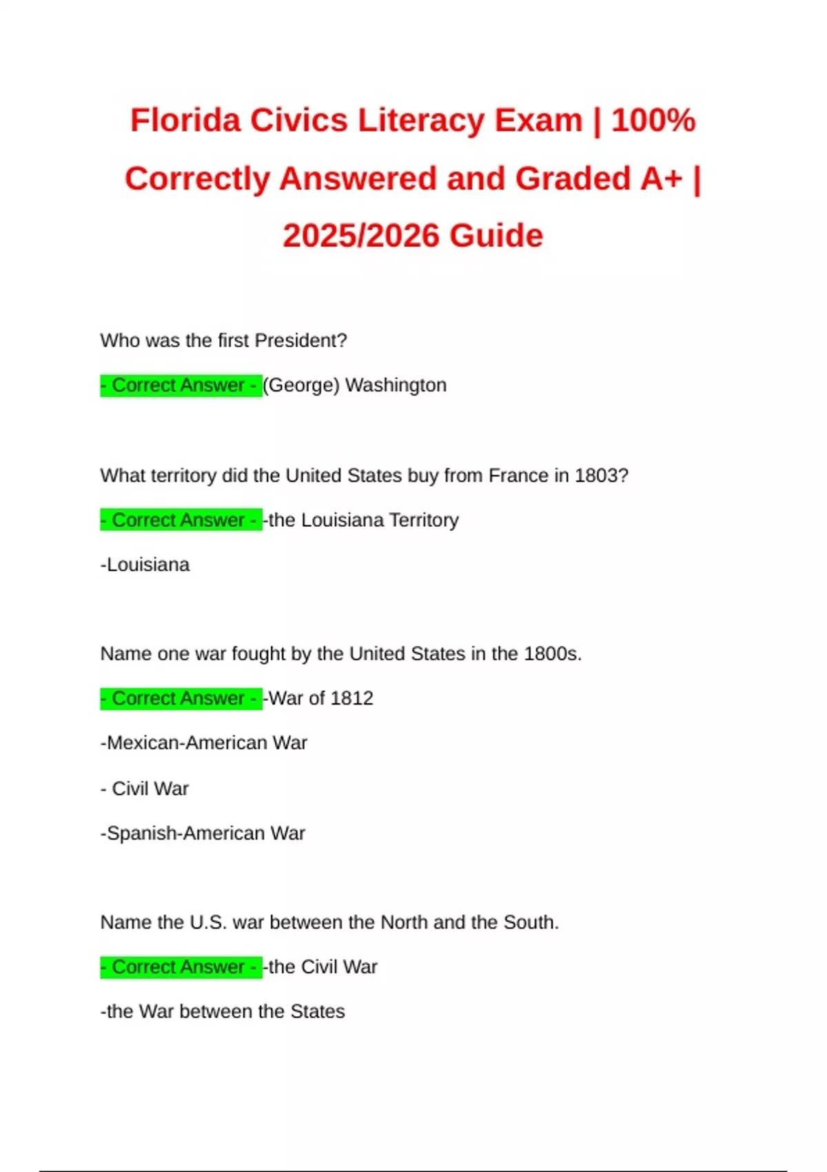 Florida Civics Literacy Exam | 100% Correctly Answered and Graded A+ ...