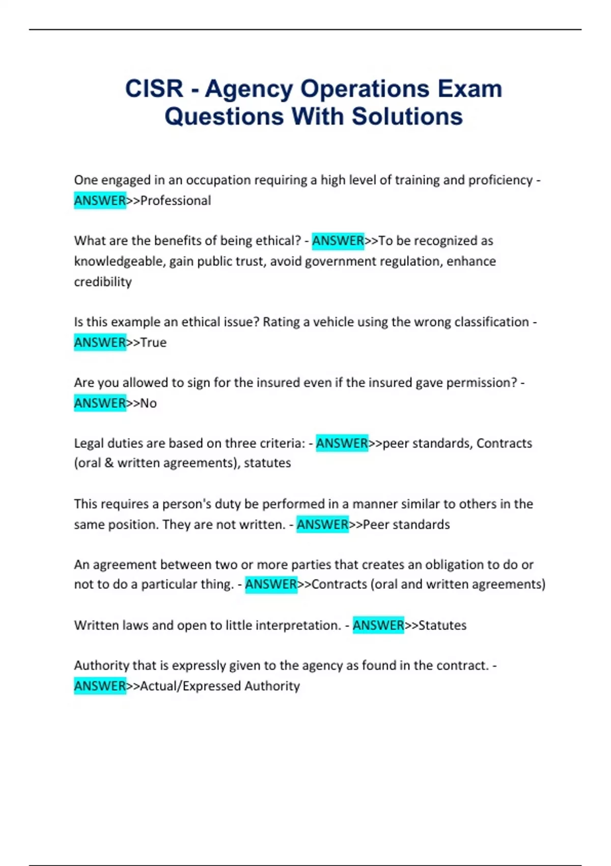 CISR - Agency Operations Exam Questions With Solutions - CNA ...