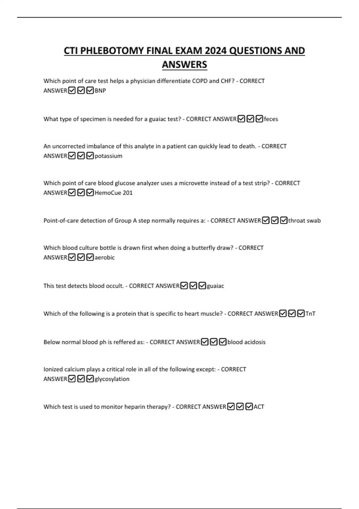 CTI PHLEBOTOMY FINAL EXAM 2024 QUESTIONS AND ANSWERS - CTI PHLEBOTOMY - Stuvia US