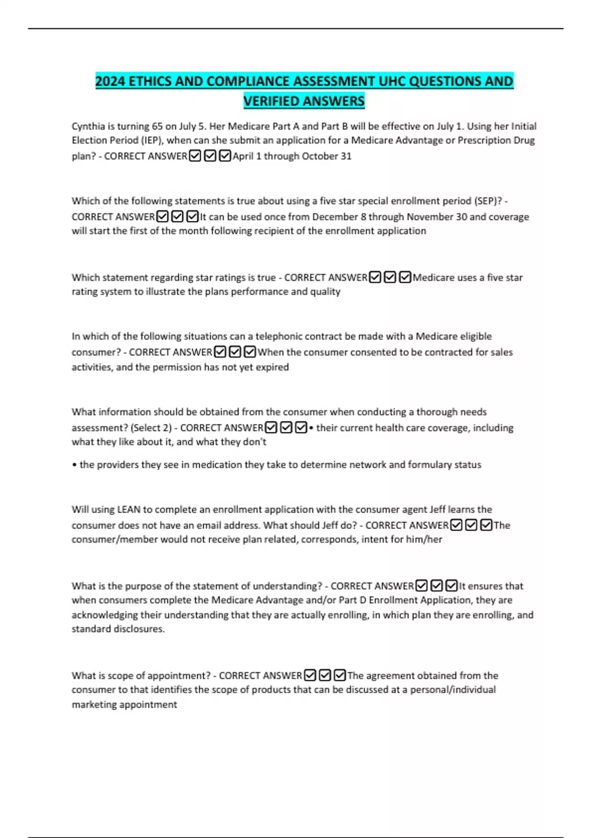 2024 ETHICS AND COMPLIANCE ASSESSMENT UHC QUESTIONS AND VERIFIED ...