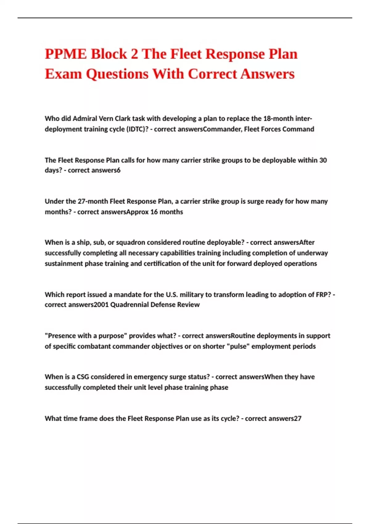 PPME Block 2 The Fleet Response Plan Exam Questions With Correct ...