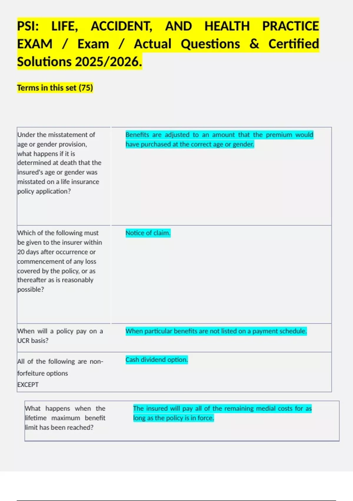 PSI: LIFE, ACCIDENT, AND HEALTH PRACTICE EXAM / Exam / Actual Questions ...
