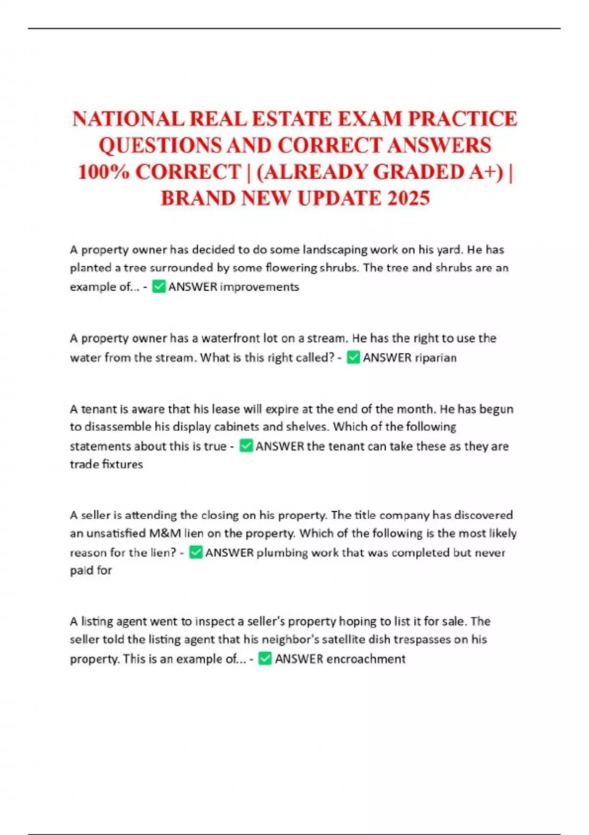 NATIONAL REAL ESTATE EXAM PRACTICE QUESTIONS AND CORRECT ANSWERS 100% ...
