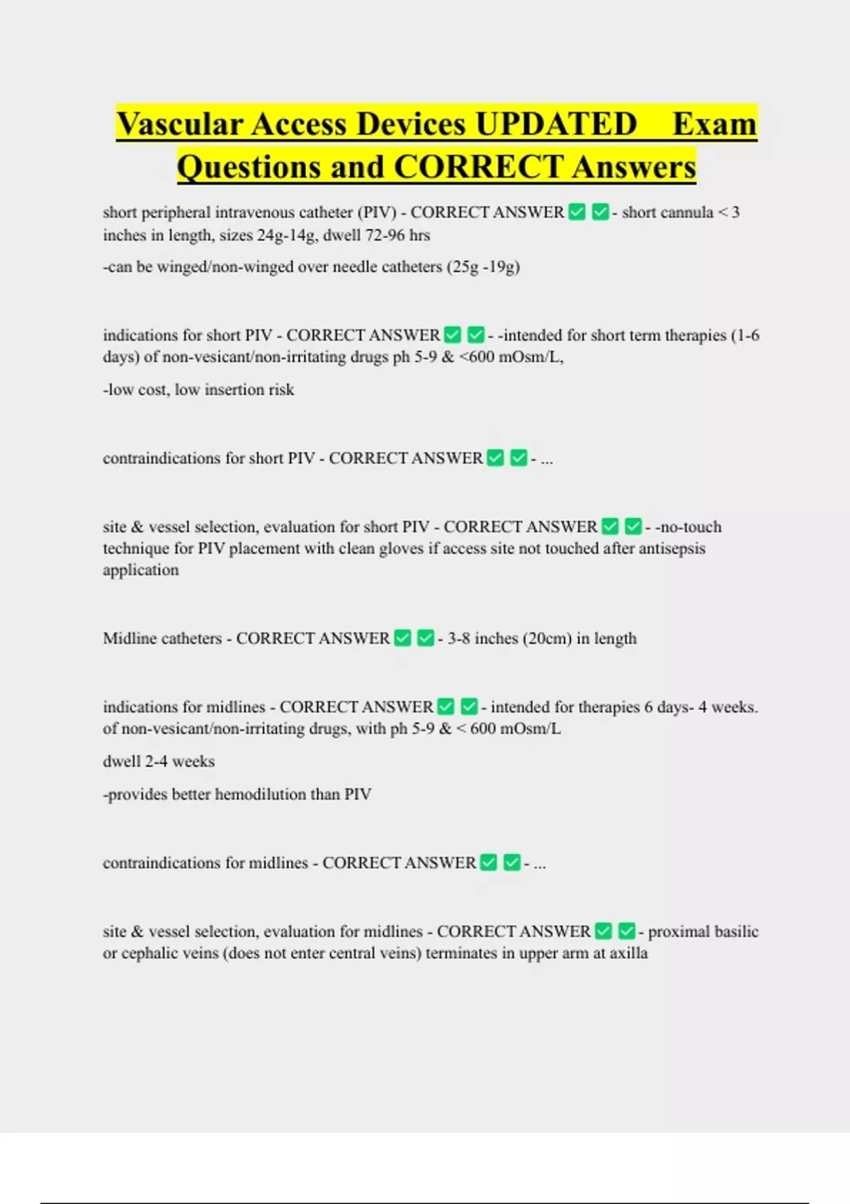 Vascular Access Devices UPDATED Exam Questions and CORRECT Answers - VABC - Stuvia US