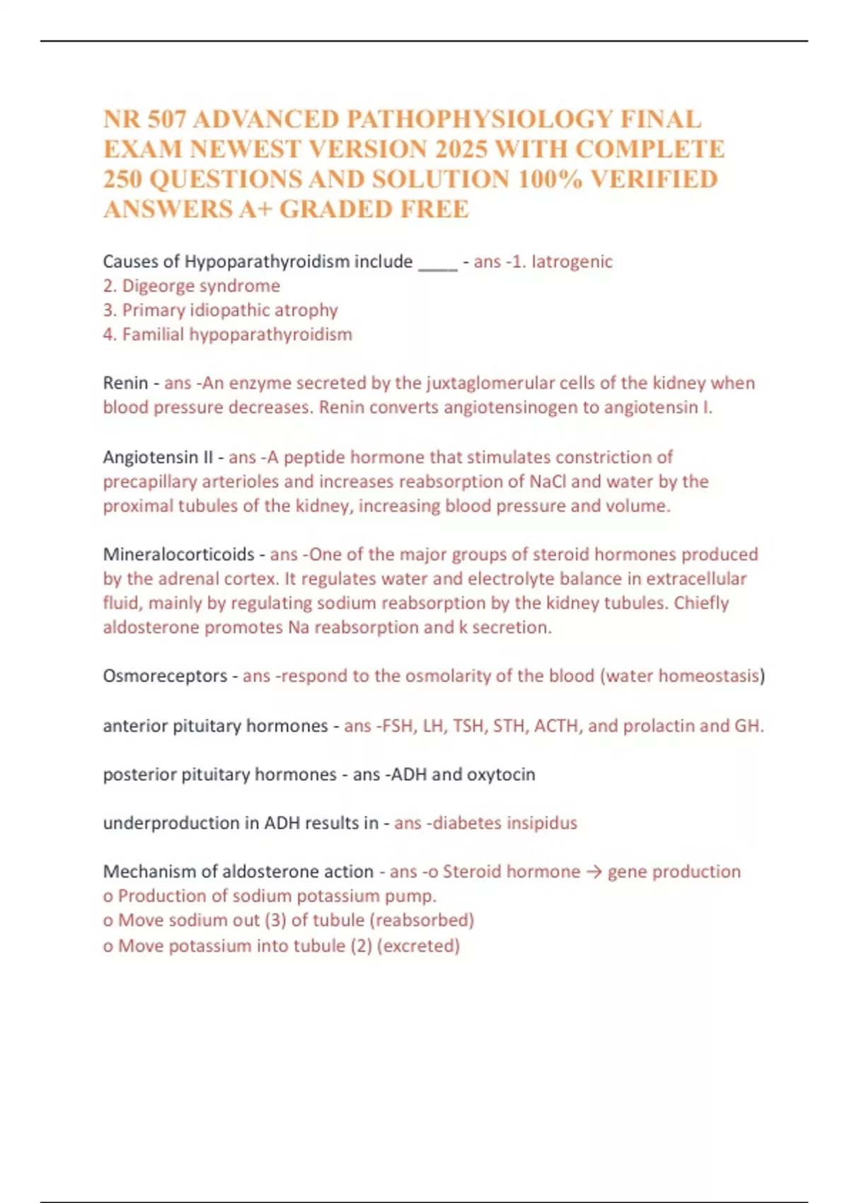 NR 507 ADVANCED PATHOPHYSIOLOGY FINAL EXAM NEWEST VERSION 2025 WITH COMPLETE 250 QUESTIONS AND ...